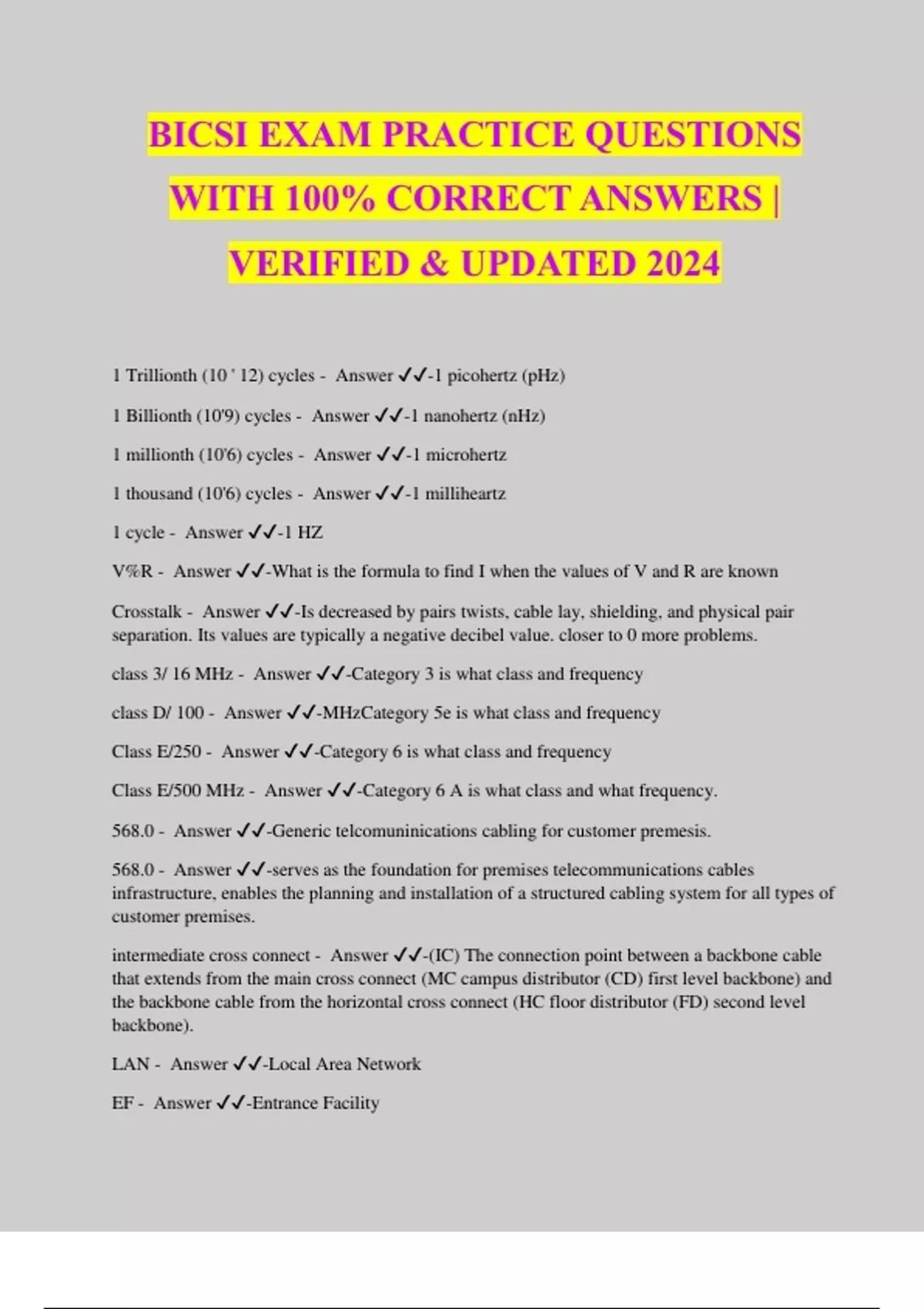 BICSI EXAM PRACTICE QUESTIONS WITH 100% CORRECT ANSWERS | VERIFIED ...