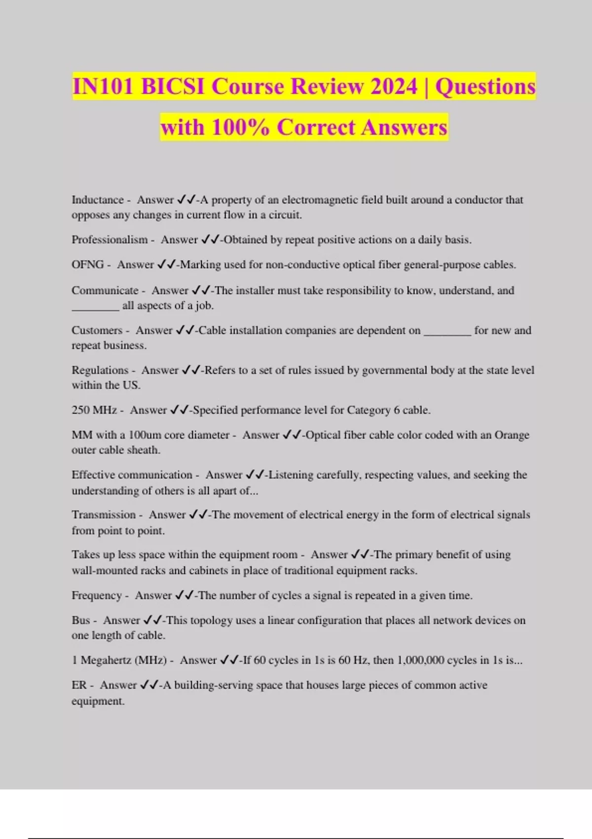 IN101 BICSI Course Review 2024 | Questions with 100% Correct Answers - BICSI - Stuvia US