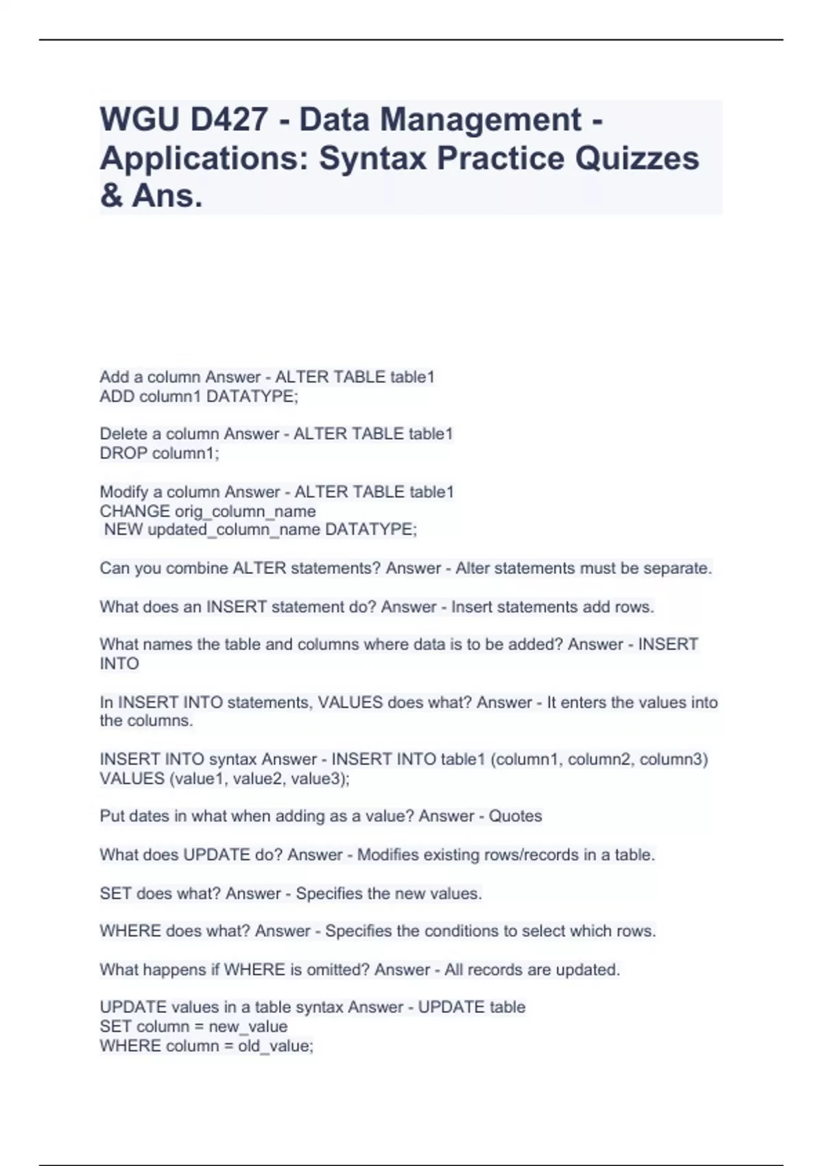 WGU D427 - Data Management - Applications: Syntax Practice Quizzes & Ans. - WGU D427 - Stuvia US