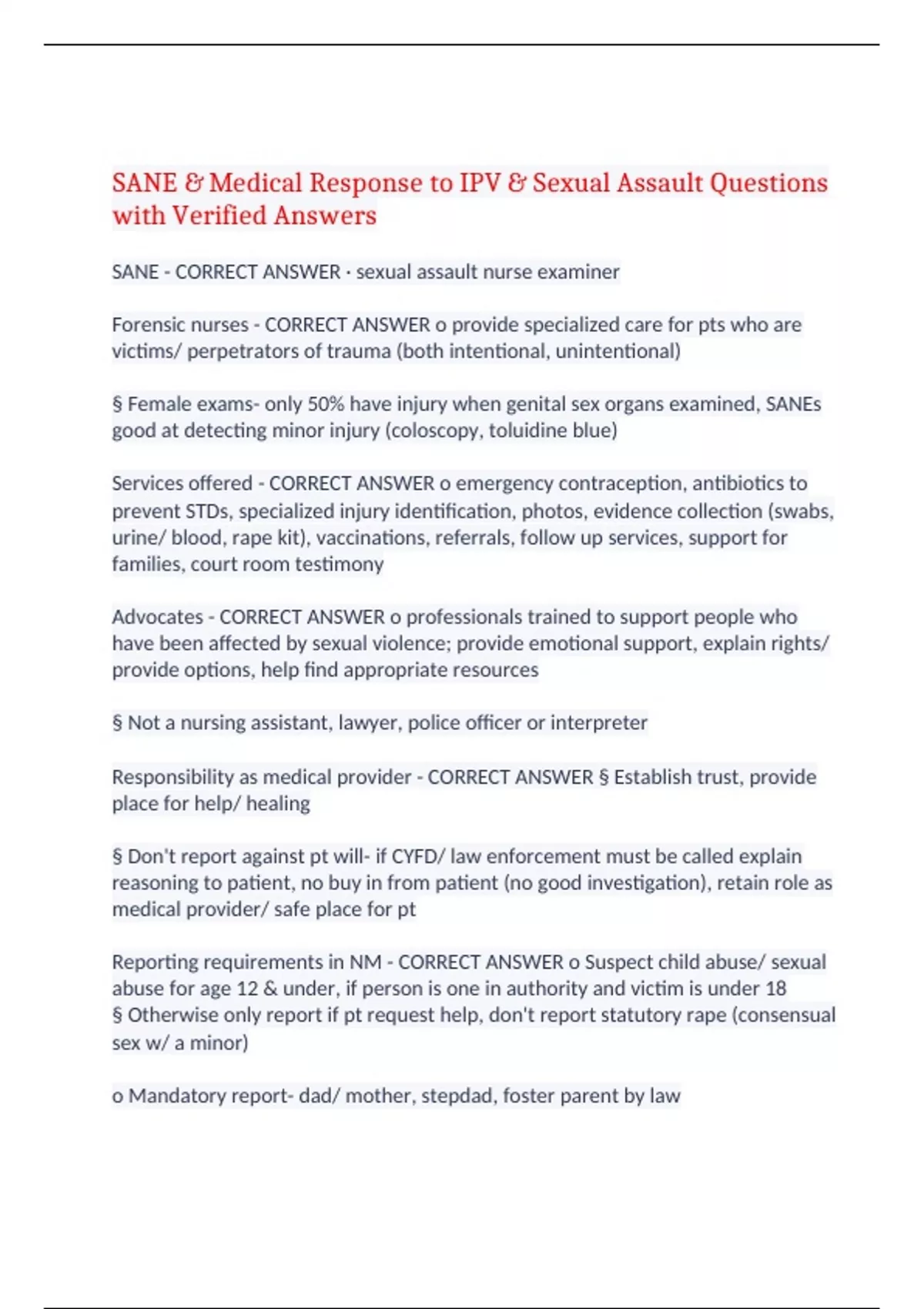 SANE & Medical Response to IPV & Sexual Assault Questions with Verified ...