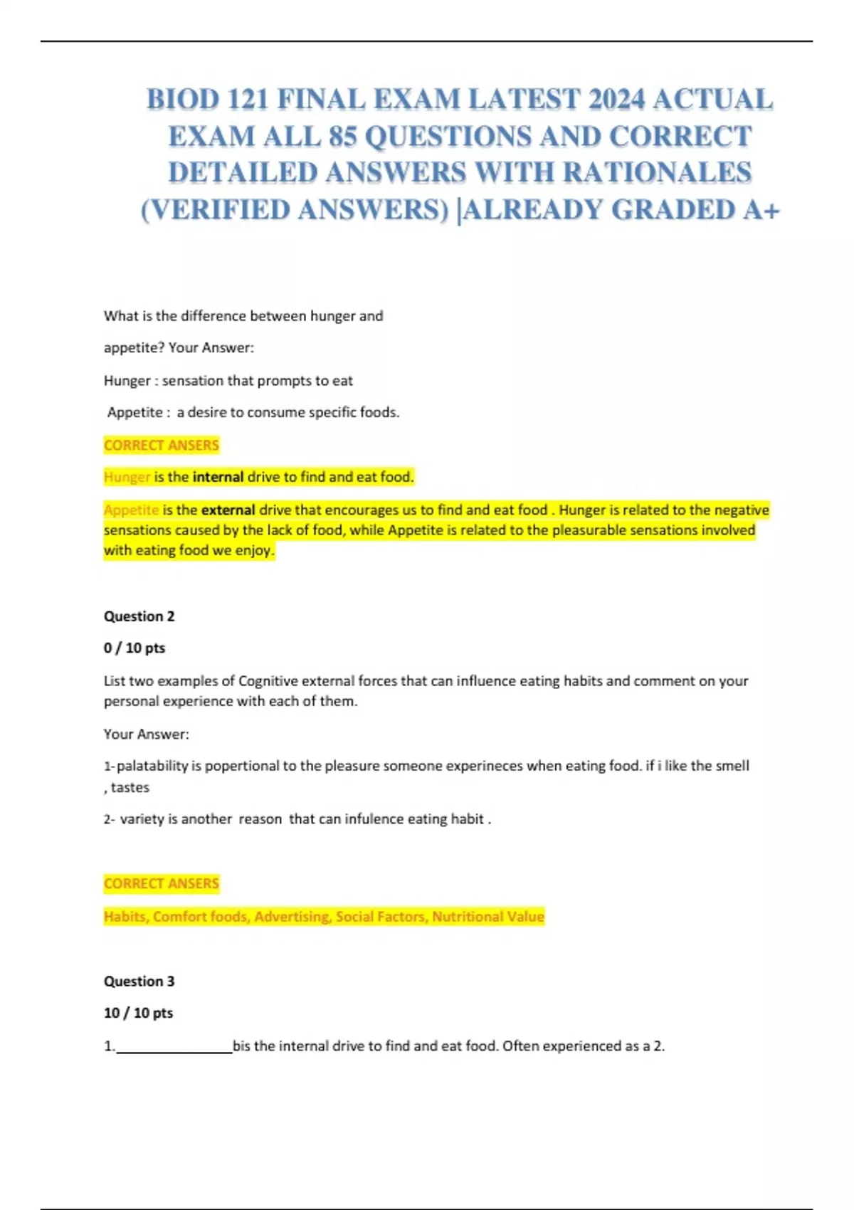 BIOD 121 FINAL EXAM LATEST 2024 ACTUAL EXAM ALL 85 QUESTIONS AND ...