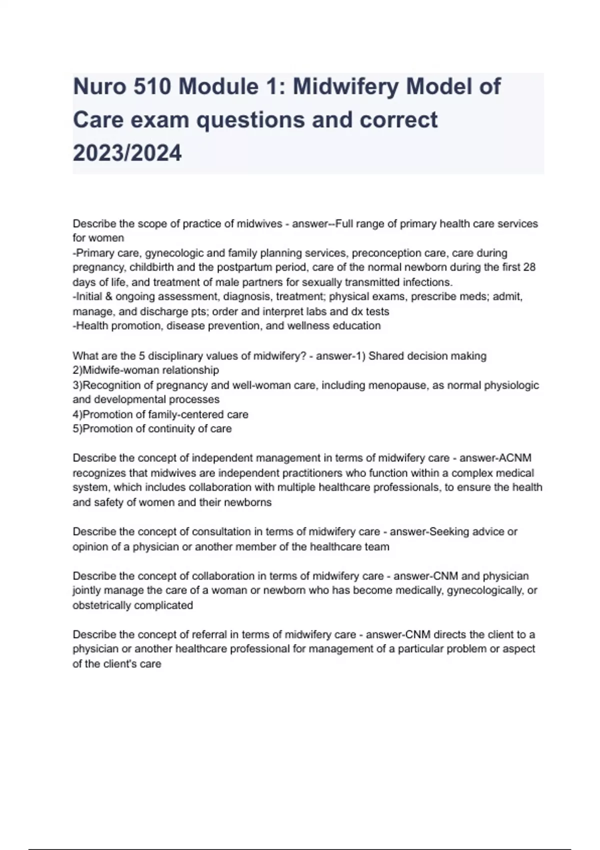 Nuro 510 Module 1: Midwifery Model of Care exam questions and correct 2023/2024 - Nuro 510 ...