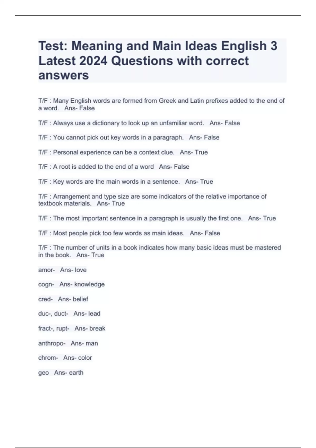 Test: Meaning and Main Ideas English 3 Latest 2024 Questions with ...