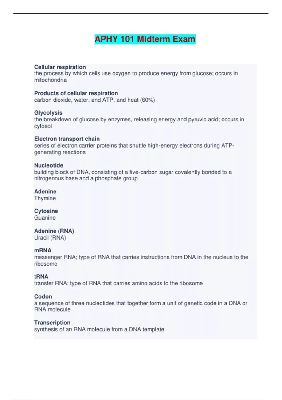 APHY 101 Midterm Exam - Questions and Answers - APHY 101 - Stuvia US
