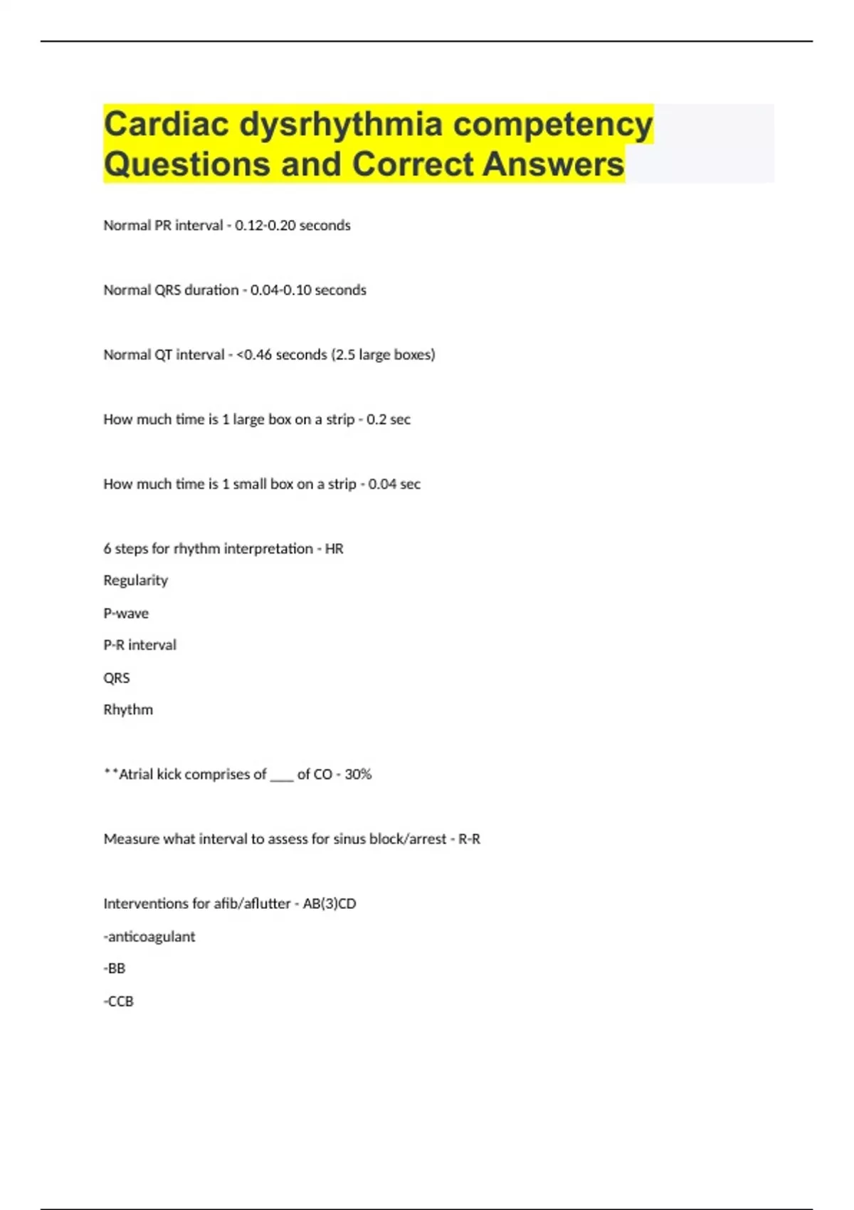 Cardiac dysrhythmia competency Questions and Correct Answers - RELIAS ...