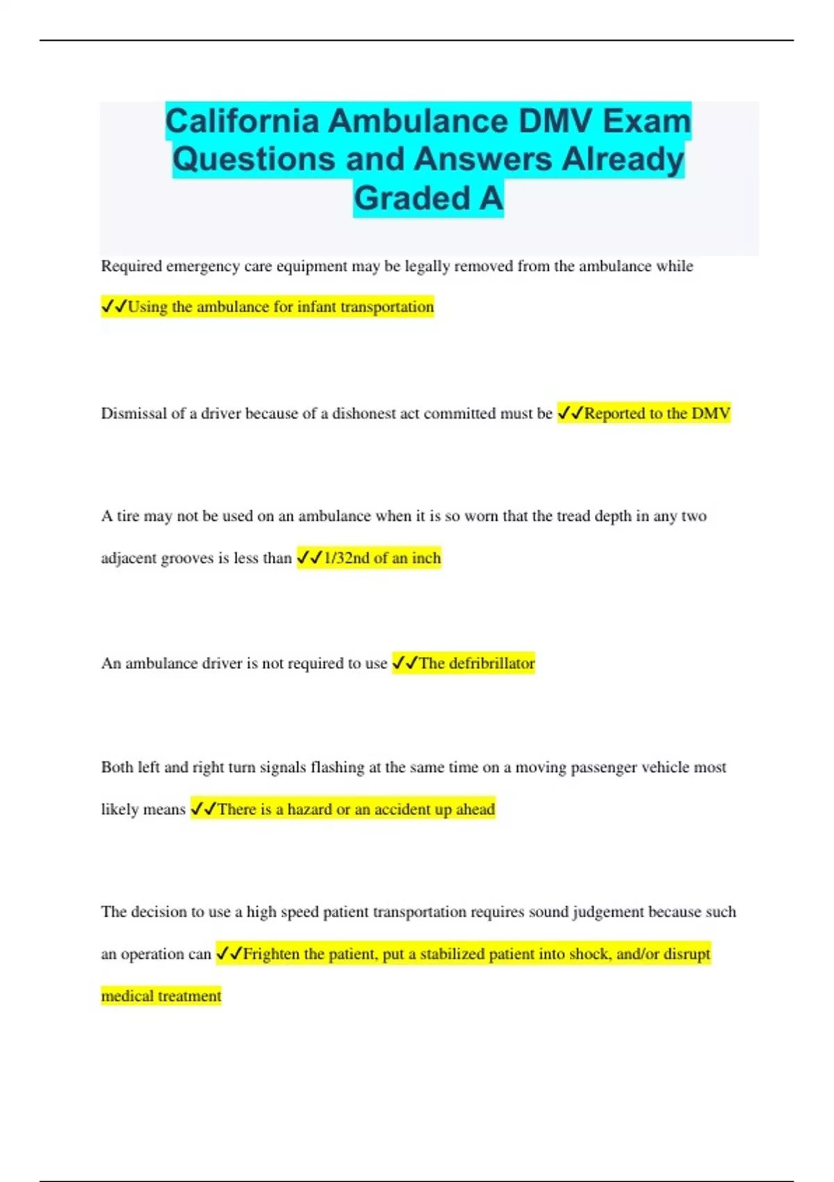 California Ambulance DMV Exam Questions and Answers Already Graded A ...