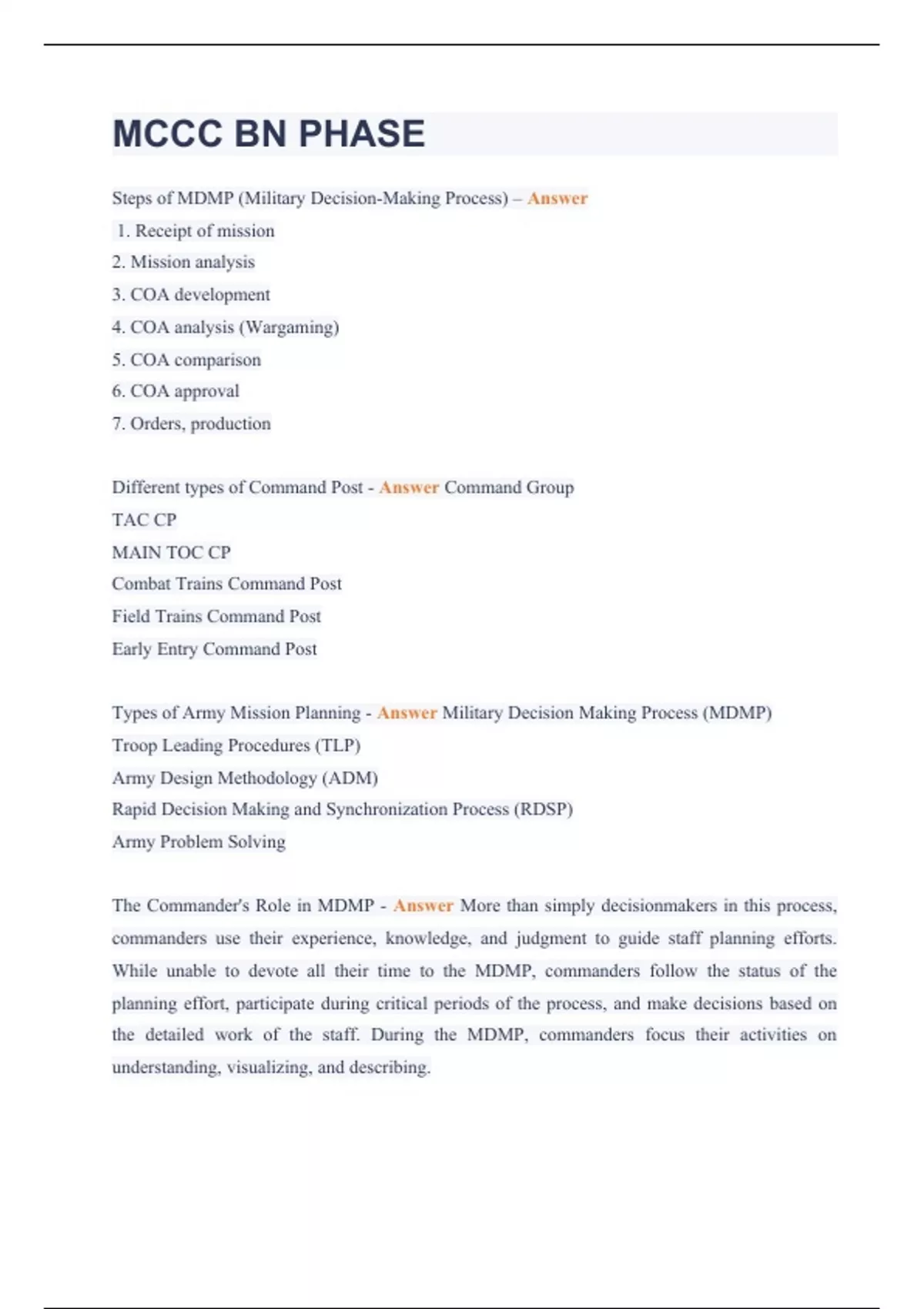 MCCC Military Decision-Making Process Questions and Answers 2023/2024 ...