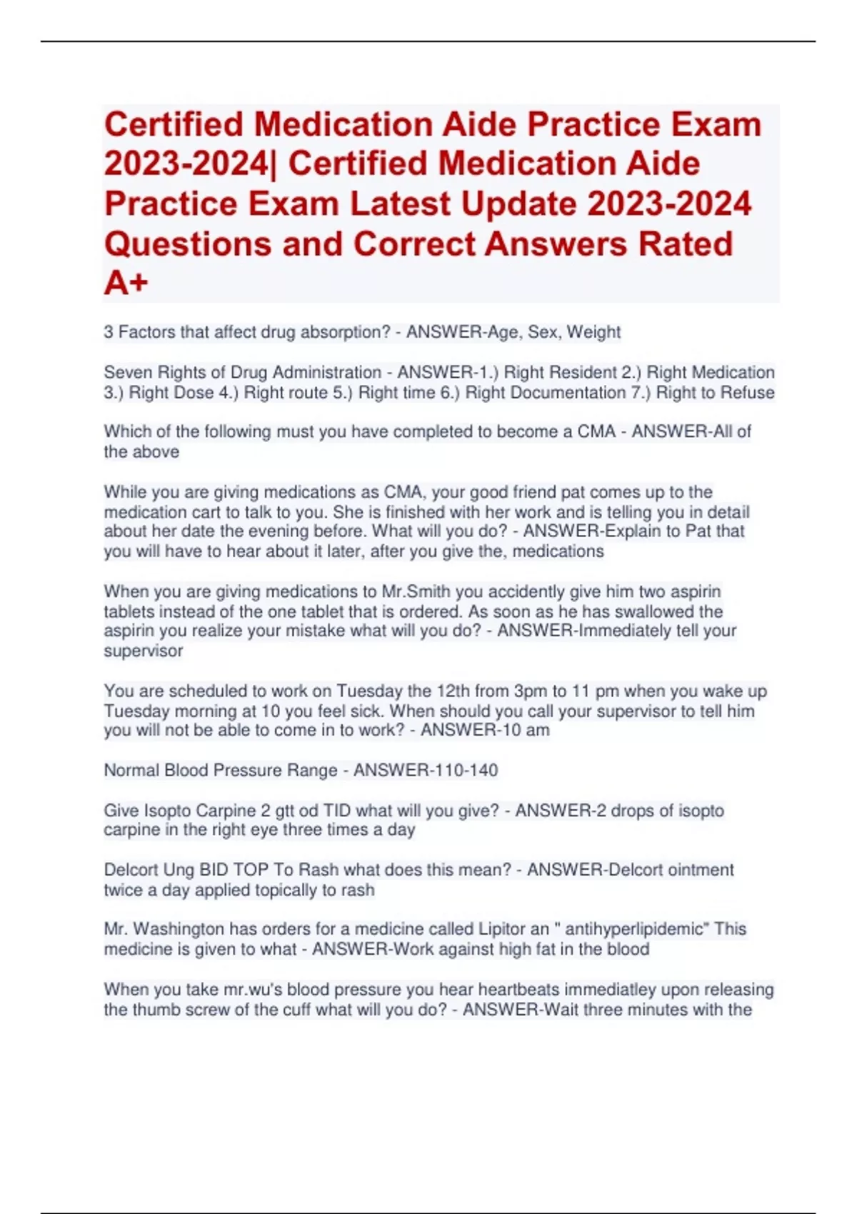 Medication Aide Exam Aide med exam - Stuvia US