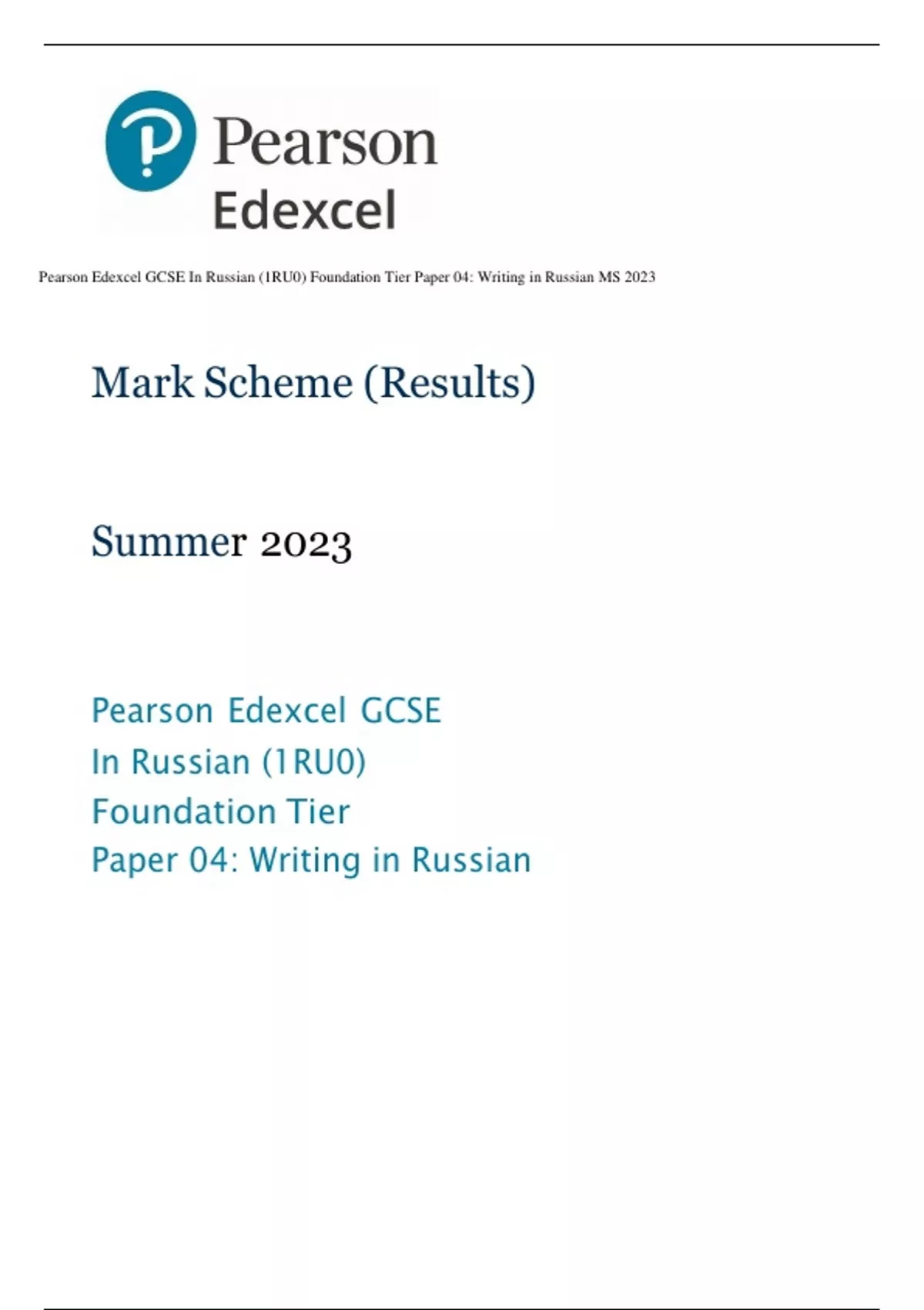 Pearson Edexcel GCSE In Russian (1RU0) Foundation Tier Paper 04 ...