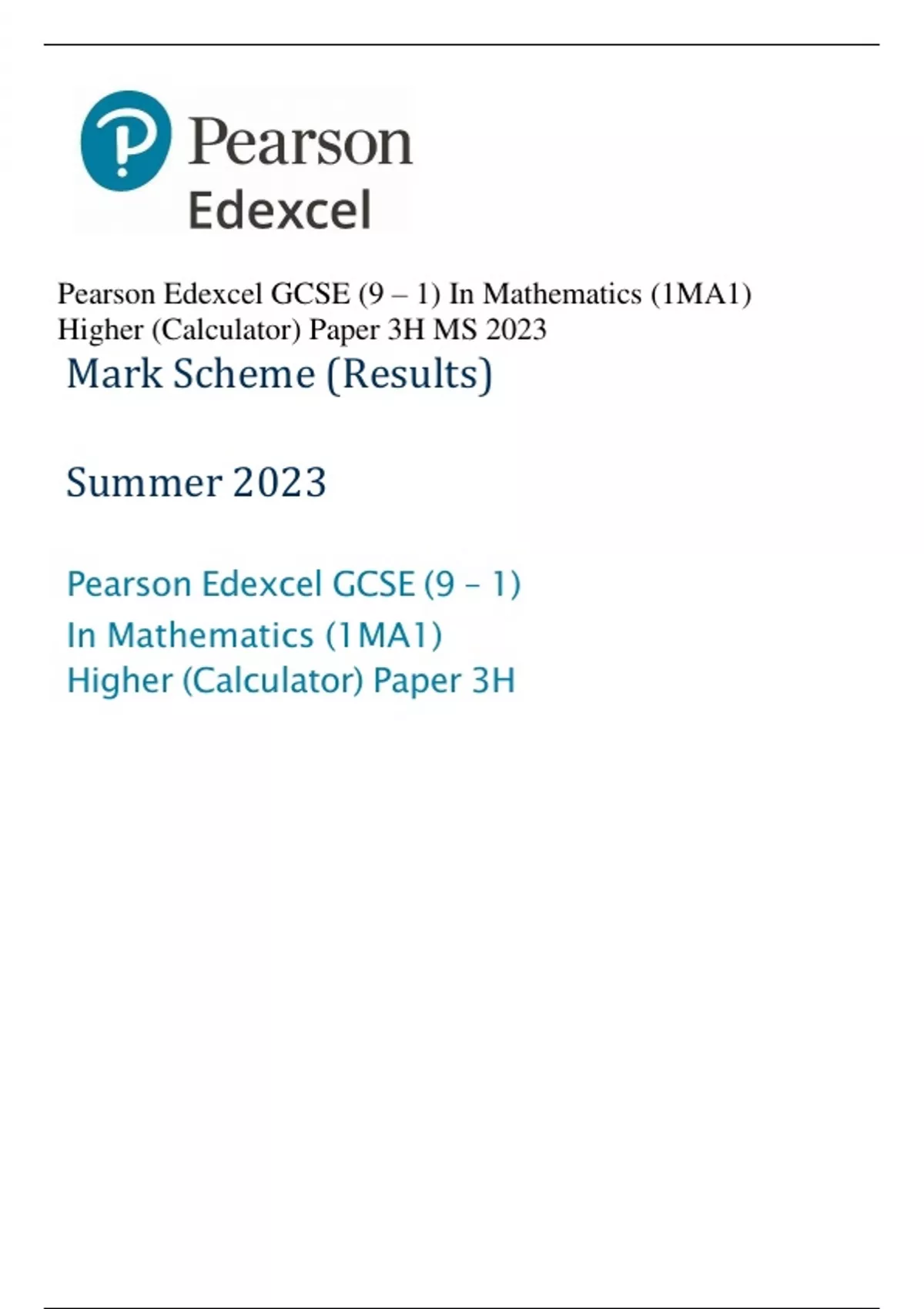 Pearson Edexcel GCSE (9 – 1) In Mathematics (1MA1) Higher (Calculator ...