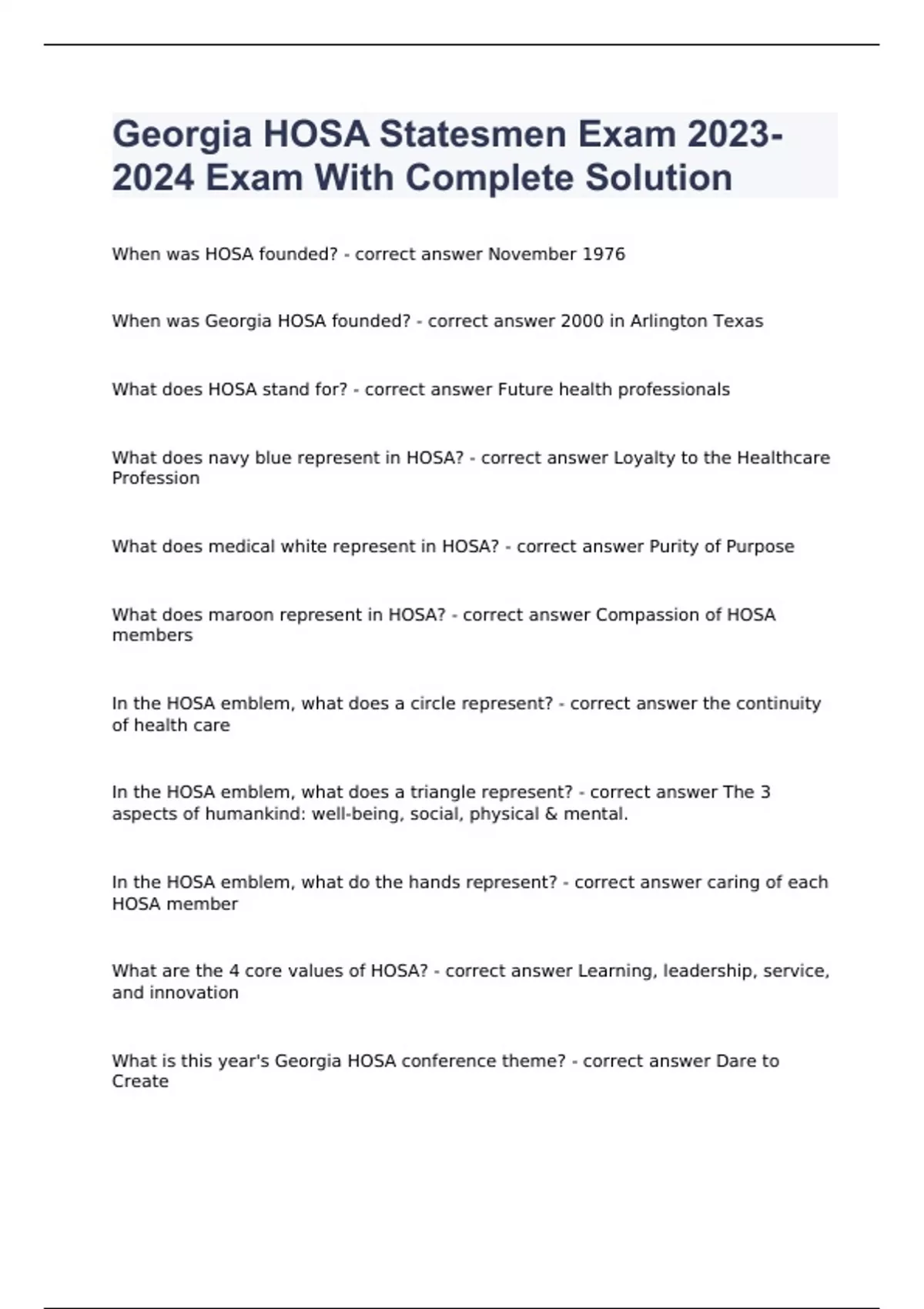 Georgia HOSA Statesmen Exam Exam With Complete Solution - APTA - Stuvia US