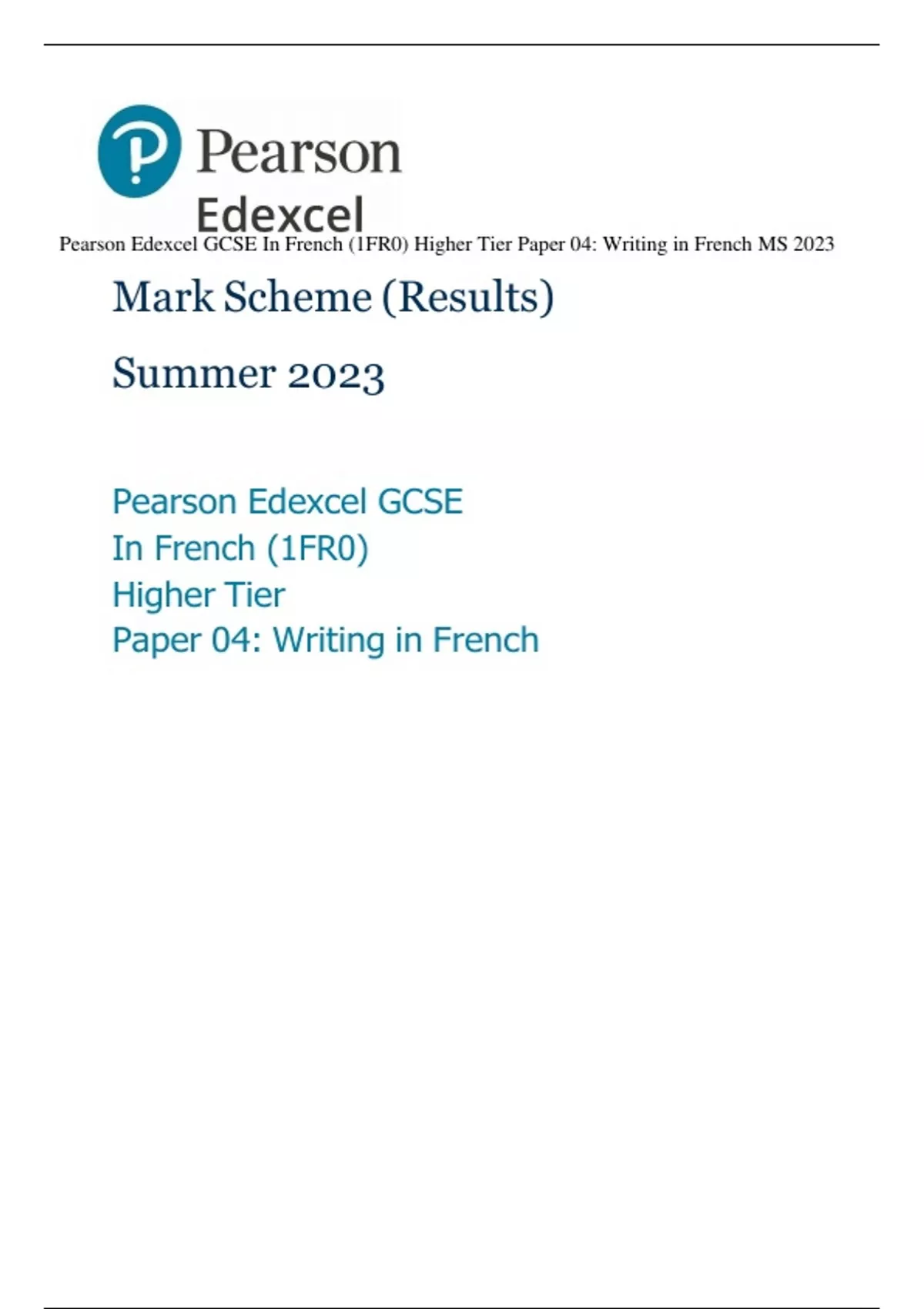 Pearson Edexcel GCSE In French (1FR0) Higher Tier Paper 04: Writing in ...