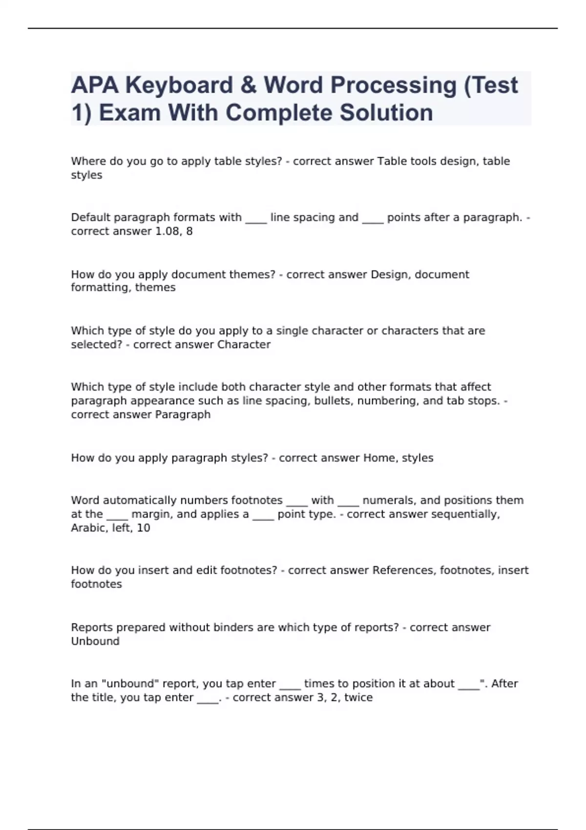 APA Keyboard & Word Processing (Test 1) Exam With Complete Solution ...