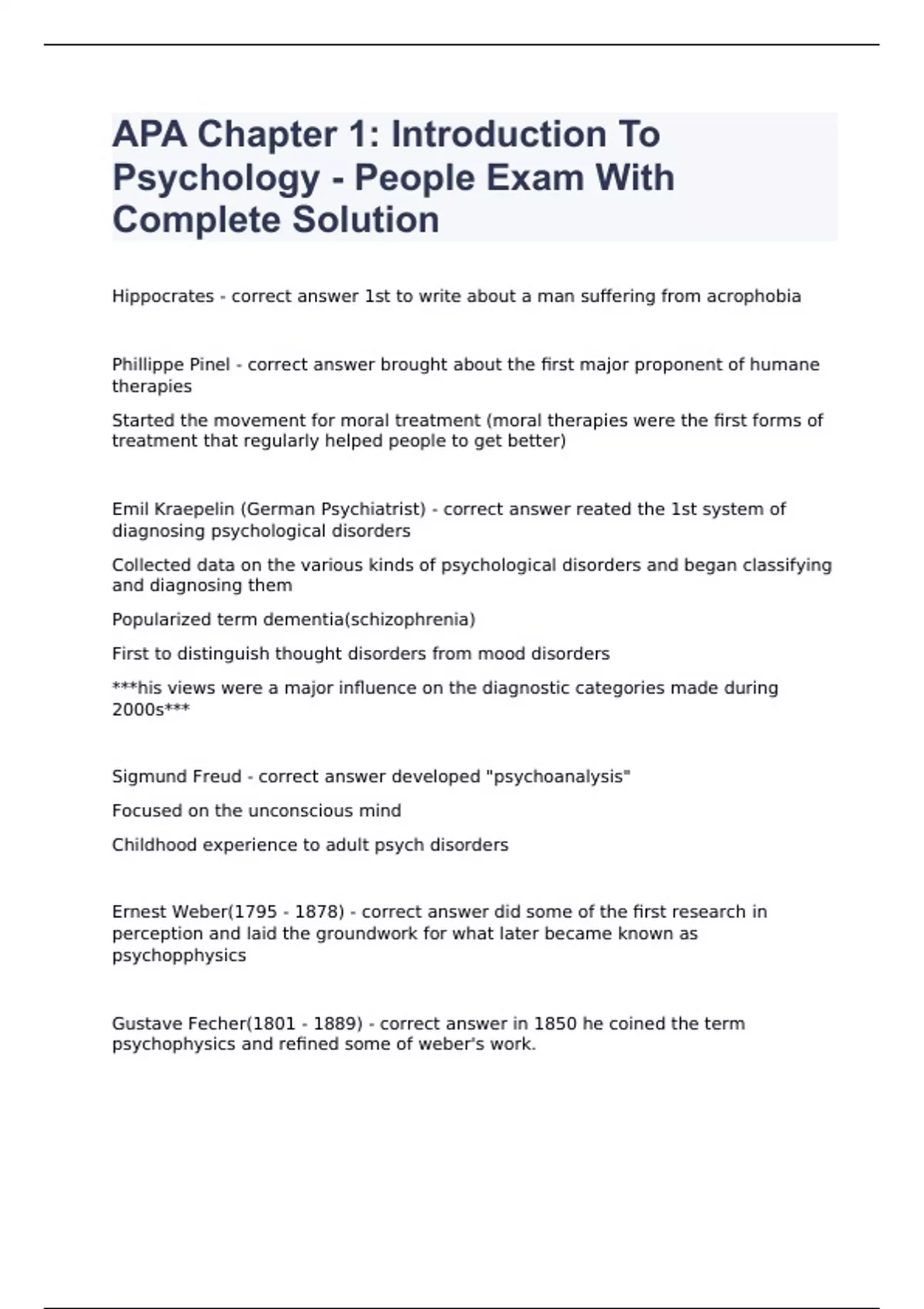 APA Chapter 1: Introduction To Psychology - People Exam With Complete ...