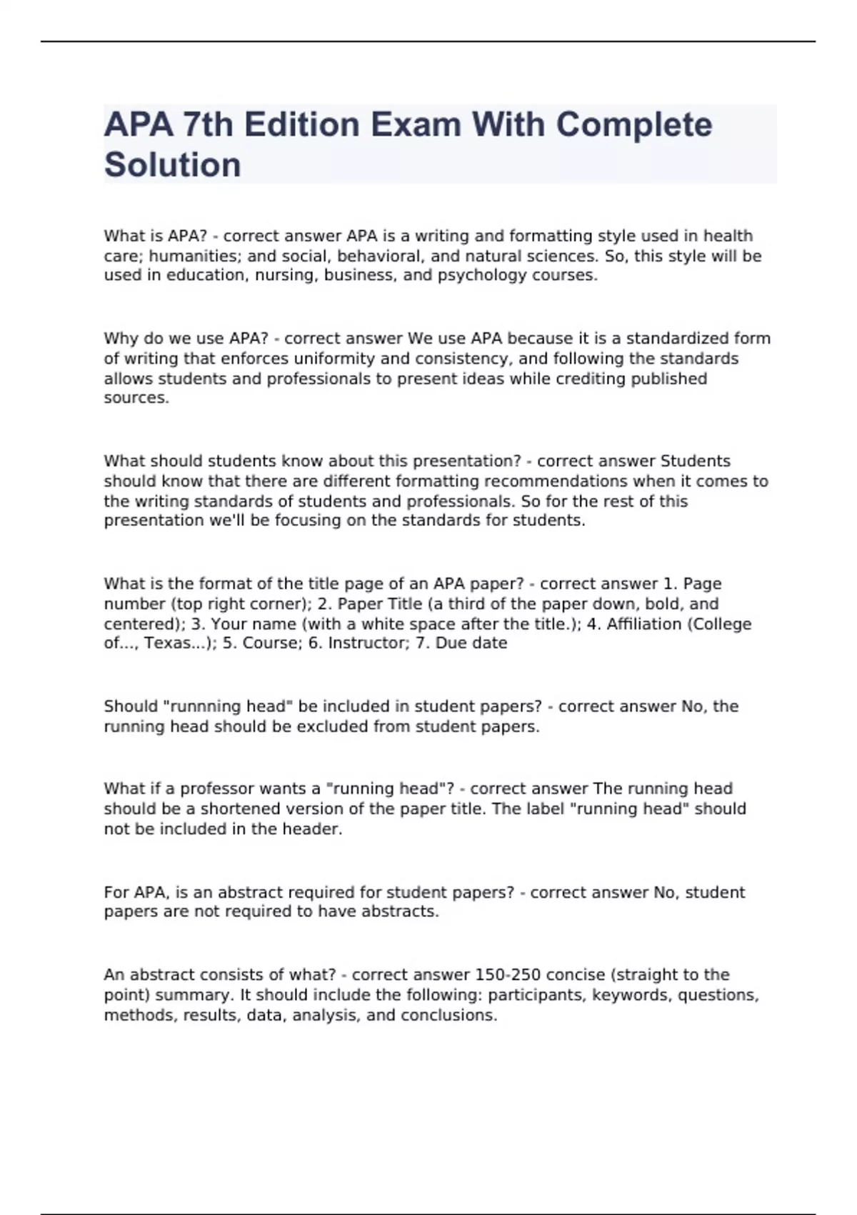 APA 7th Edition Exam With Complete Solution - APA - Stuvia US