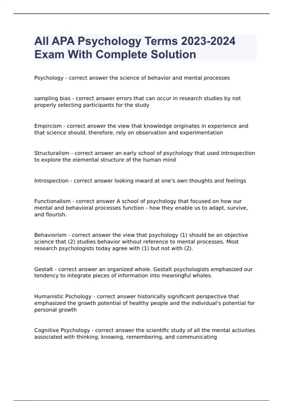 All APA Psychology Terms Exam With Complete Solution - APA - Stuvia US