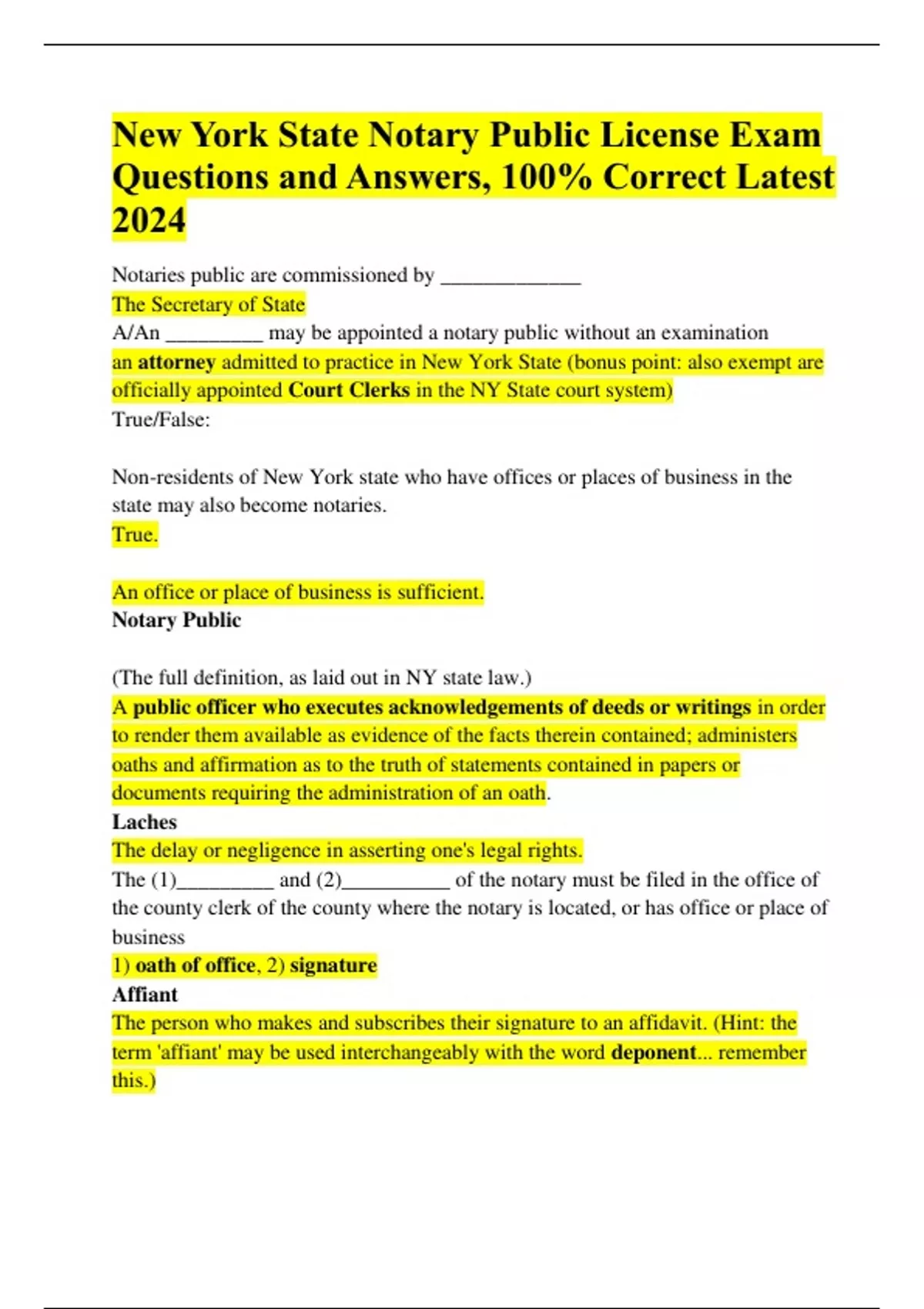 New York State Notary Public License Exam Questions and Answers, 100% ...