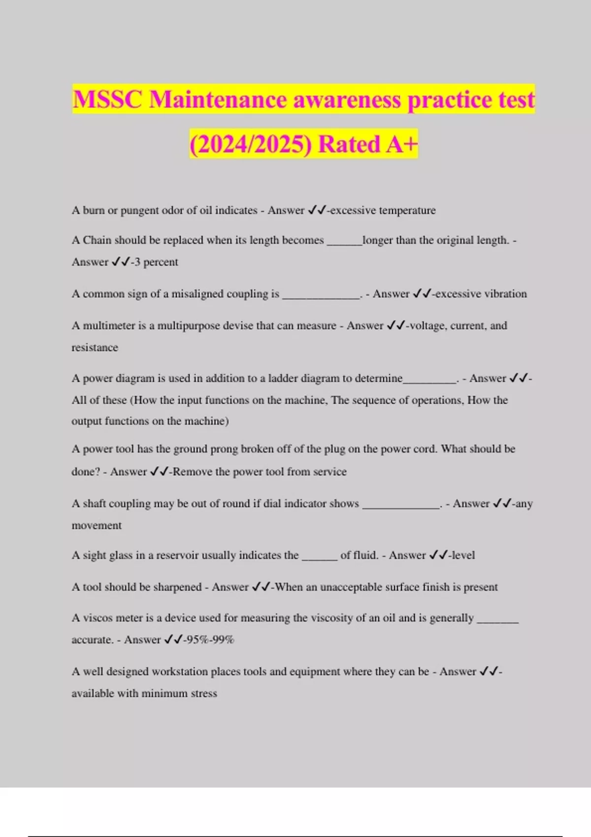 MSSC Maintenance awareness practice test (2024/2025) Rated A+ - MSSC ...