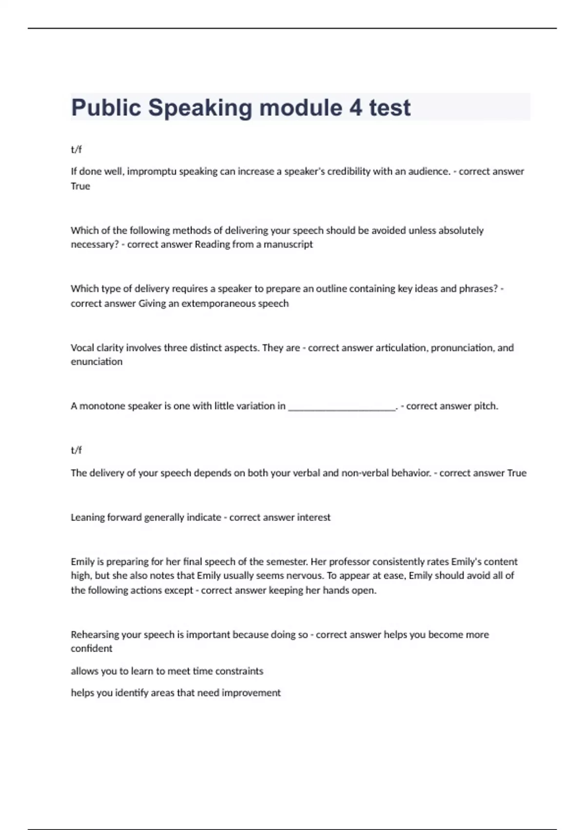 Public Speaking module 4 test questions and answers already solved 2024 ...