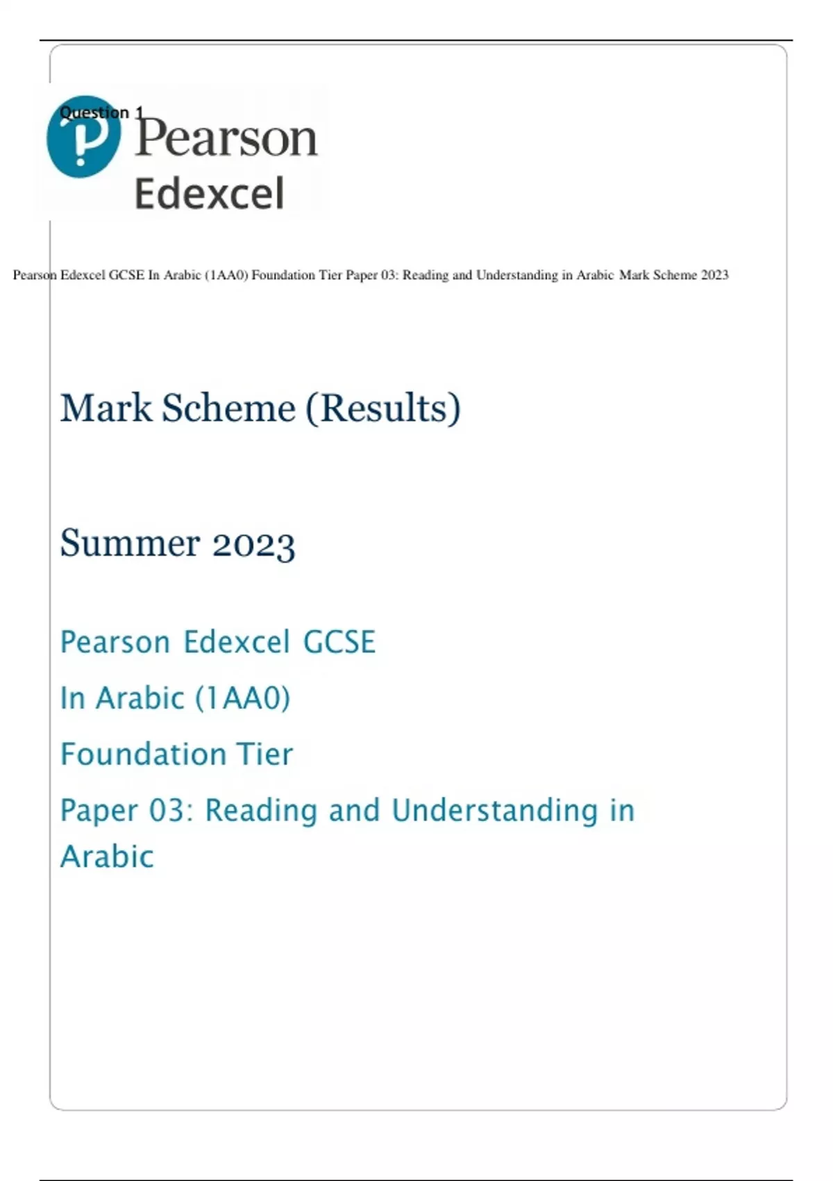 Pearson Edexcel GCSE In Arabic (1AA0) Foundation Tier Paper 03: Reading ...