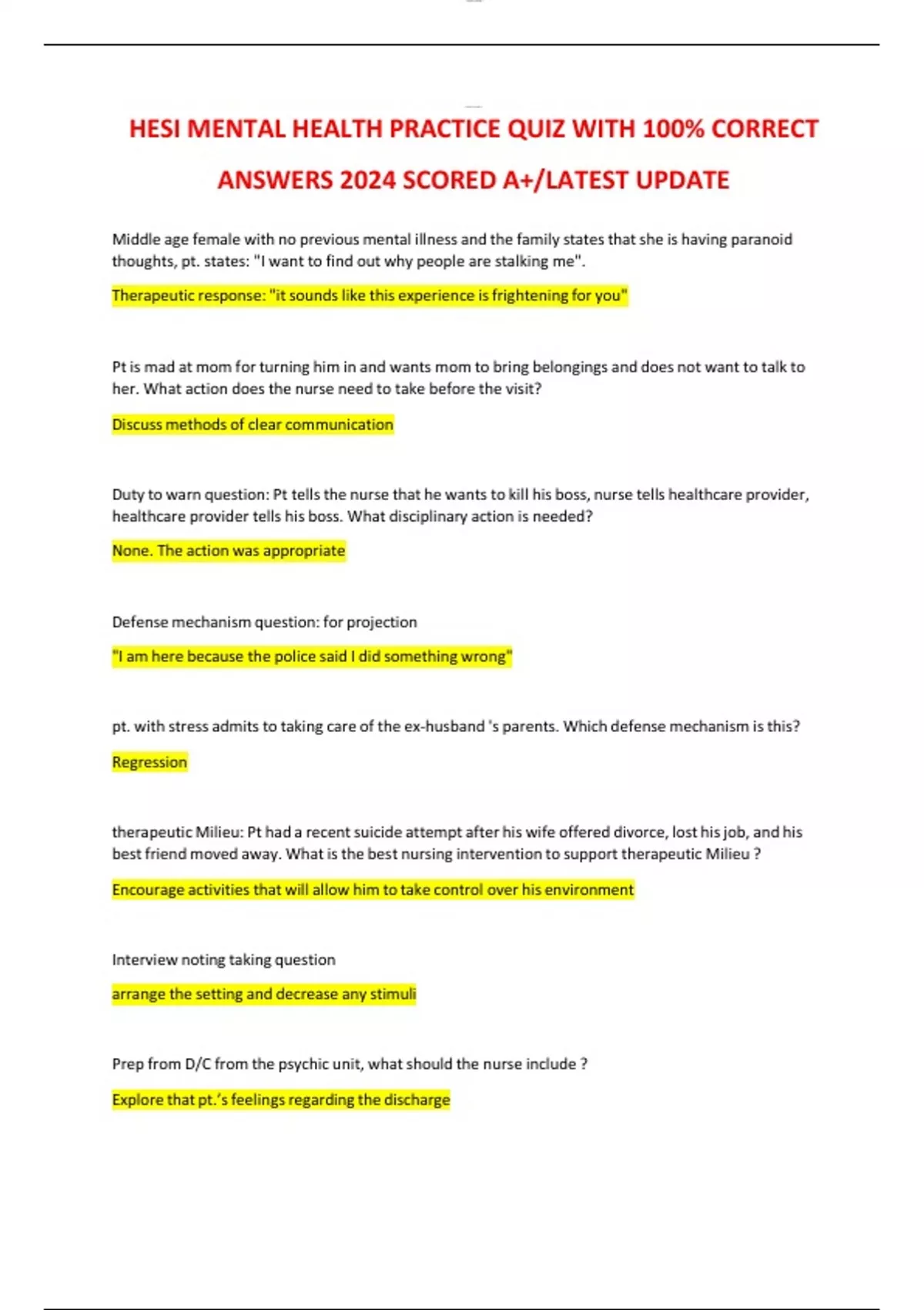 HESI MENTAL HEALTH PRACTICE QUIZ WITH 100% CORRECT ANSWERS 2024 SCORED ...