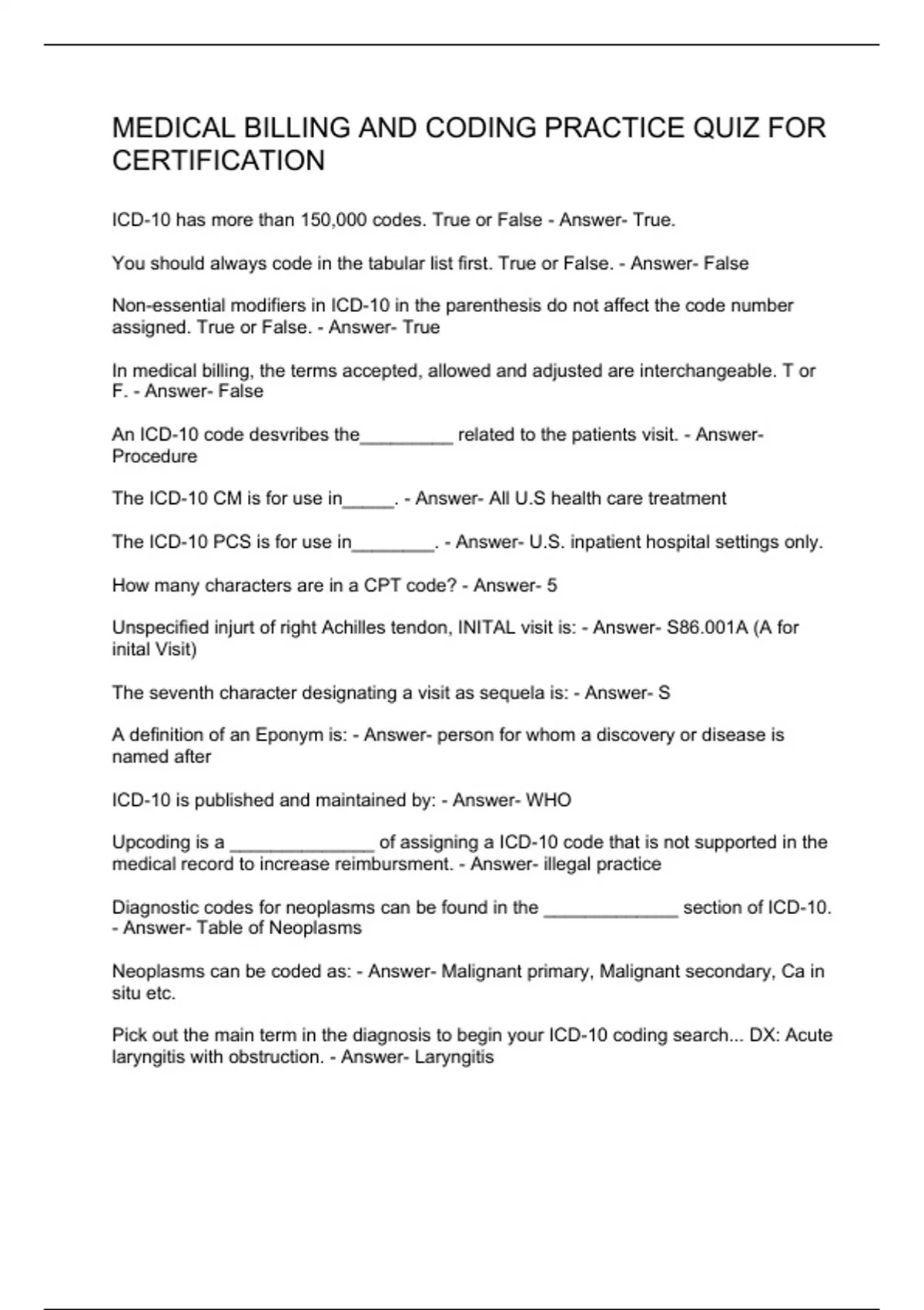 MEDICAL BILLING AND CODING PRACTICE QUIZ FOR CERTIFICATION - Medical ...