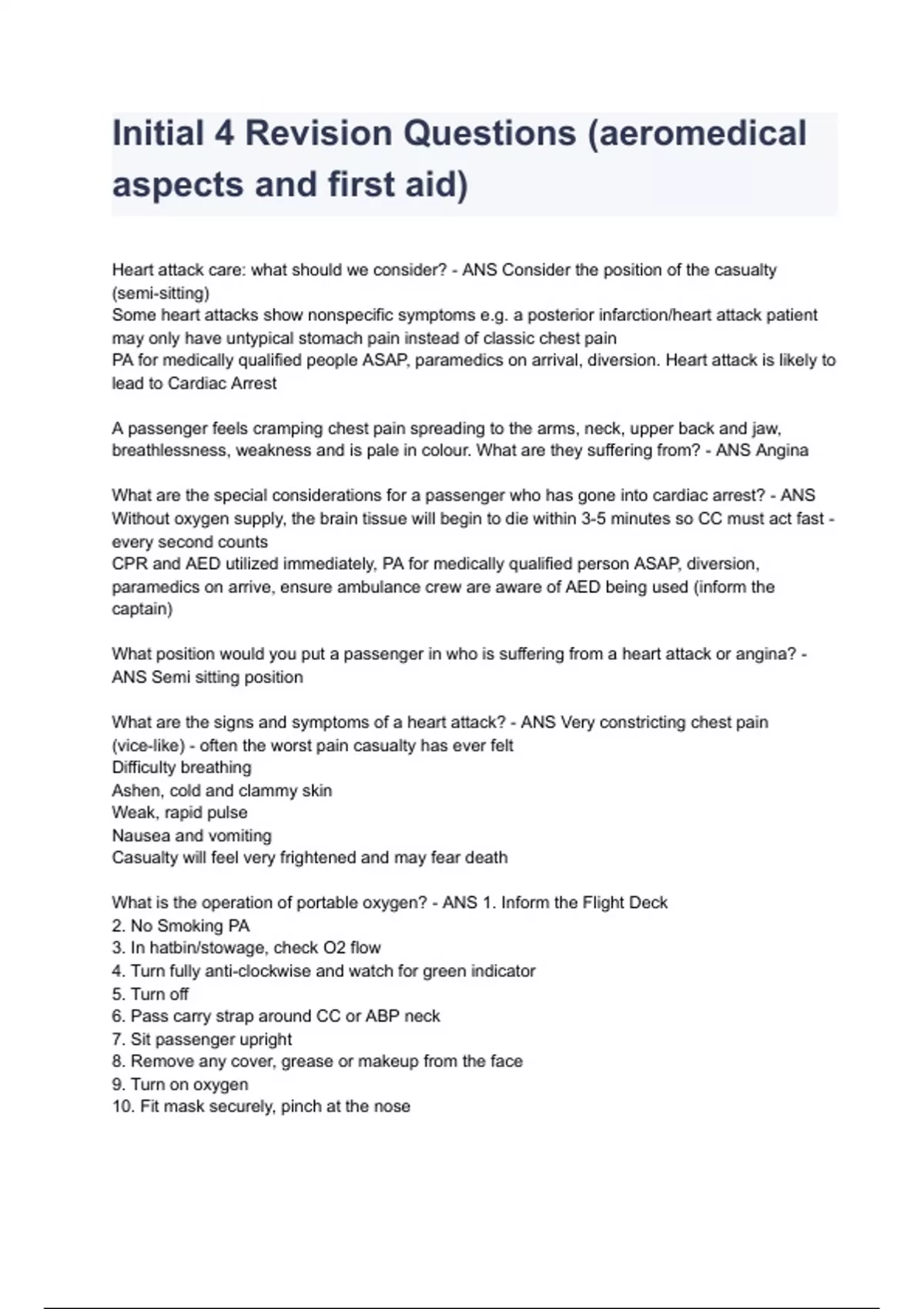 Initial 4 Revision Questions (aeromedical aspects and first aid) 2024 With Completed Solutions ...