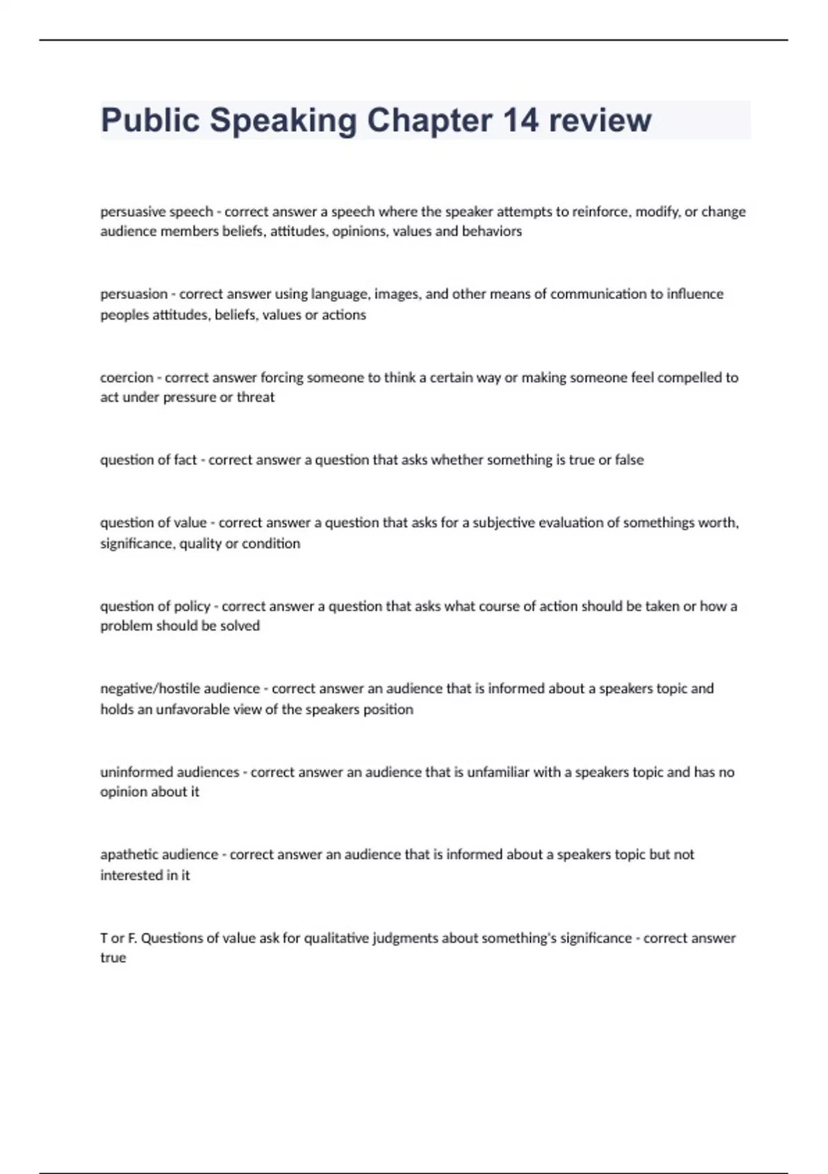 Public Speaking Chapter 14 review questions and answers rated A+ 2024 ...