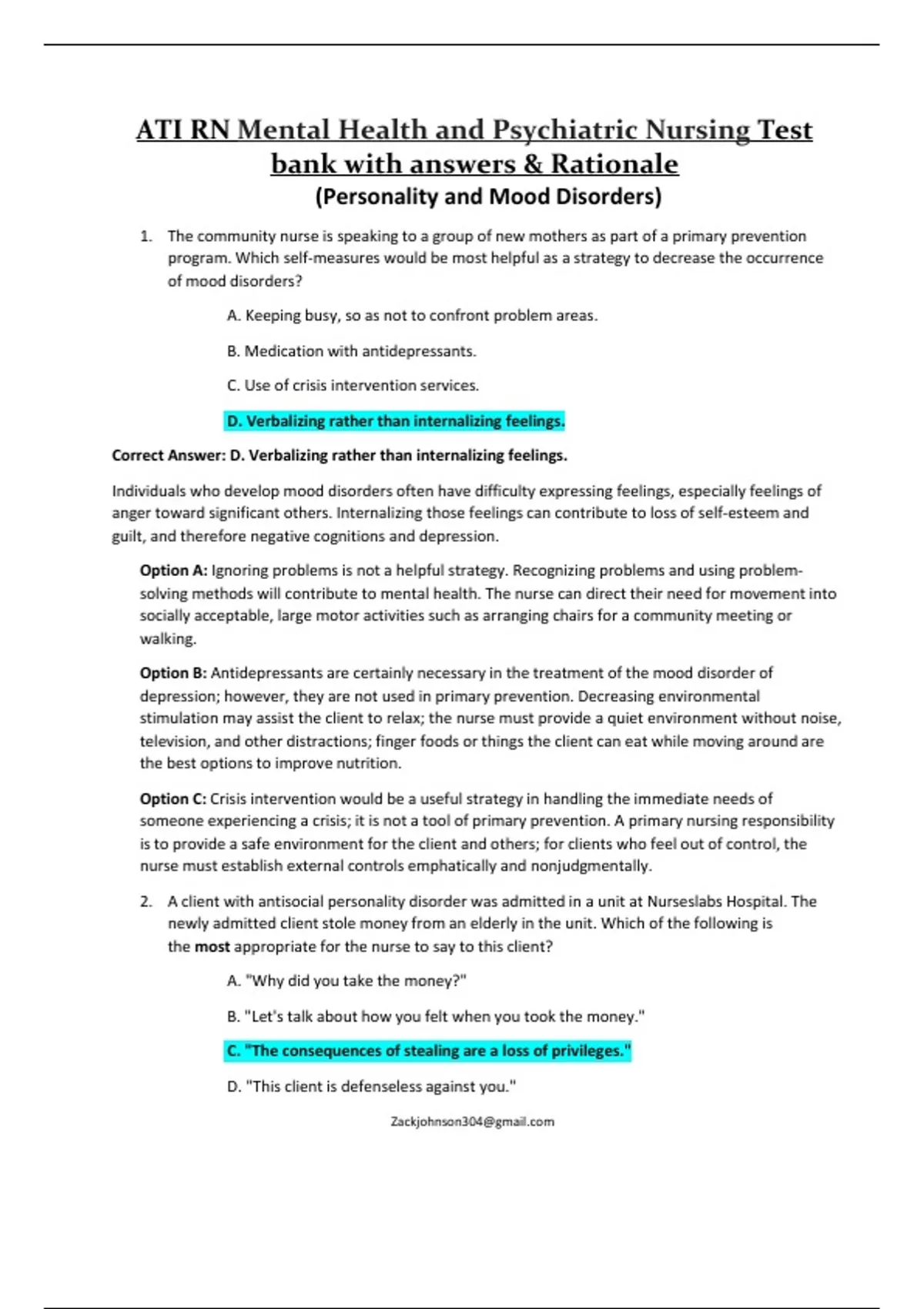 ATI RN Mental Health and Psychiatric Nursing Test bank with answers ...