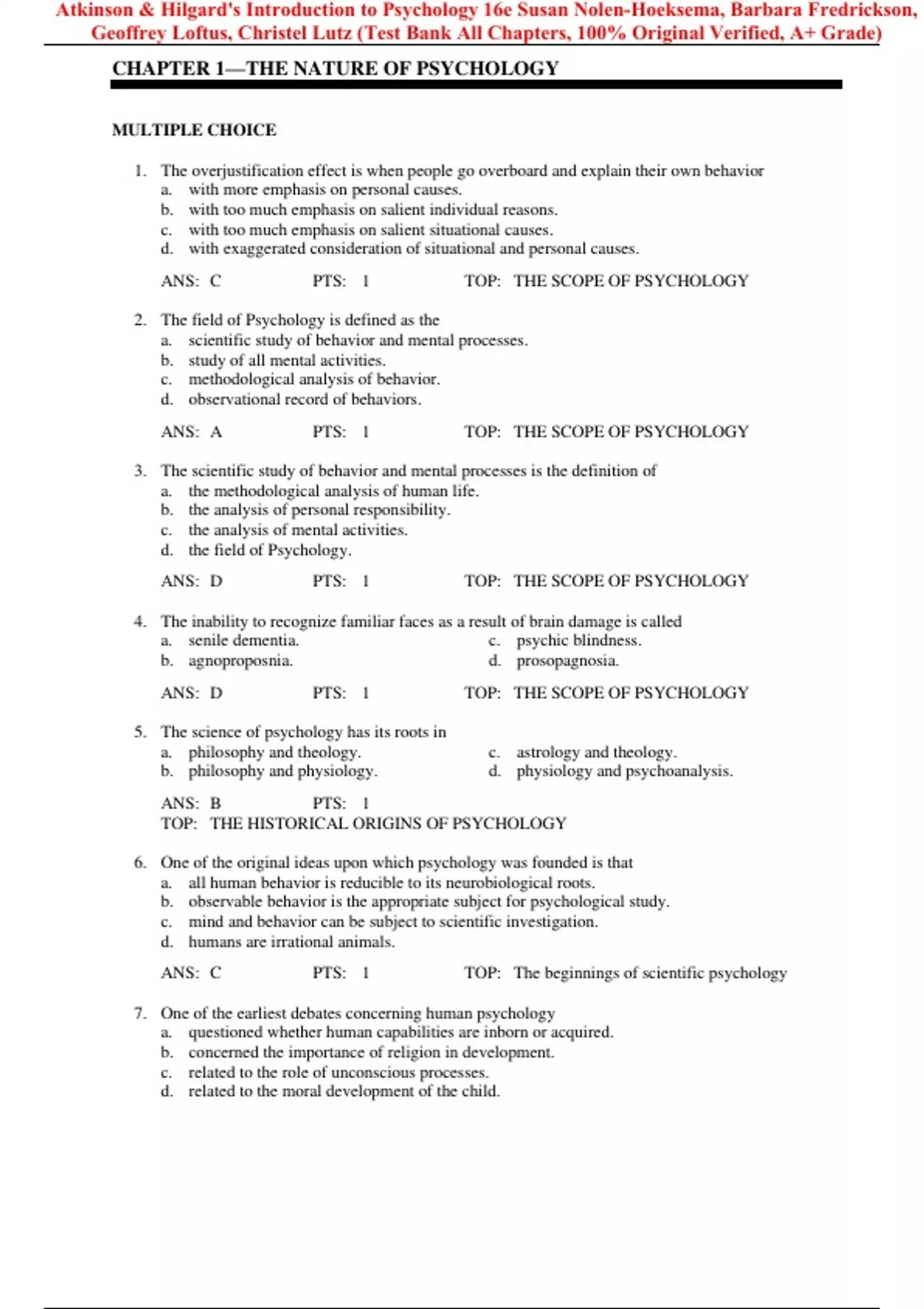 Test Bank For Atkinson & Hilgard's Introduction to Psychology 16th ...
