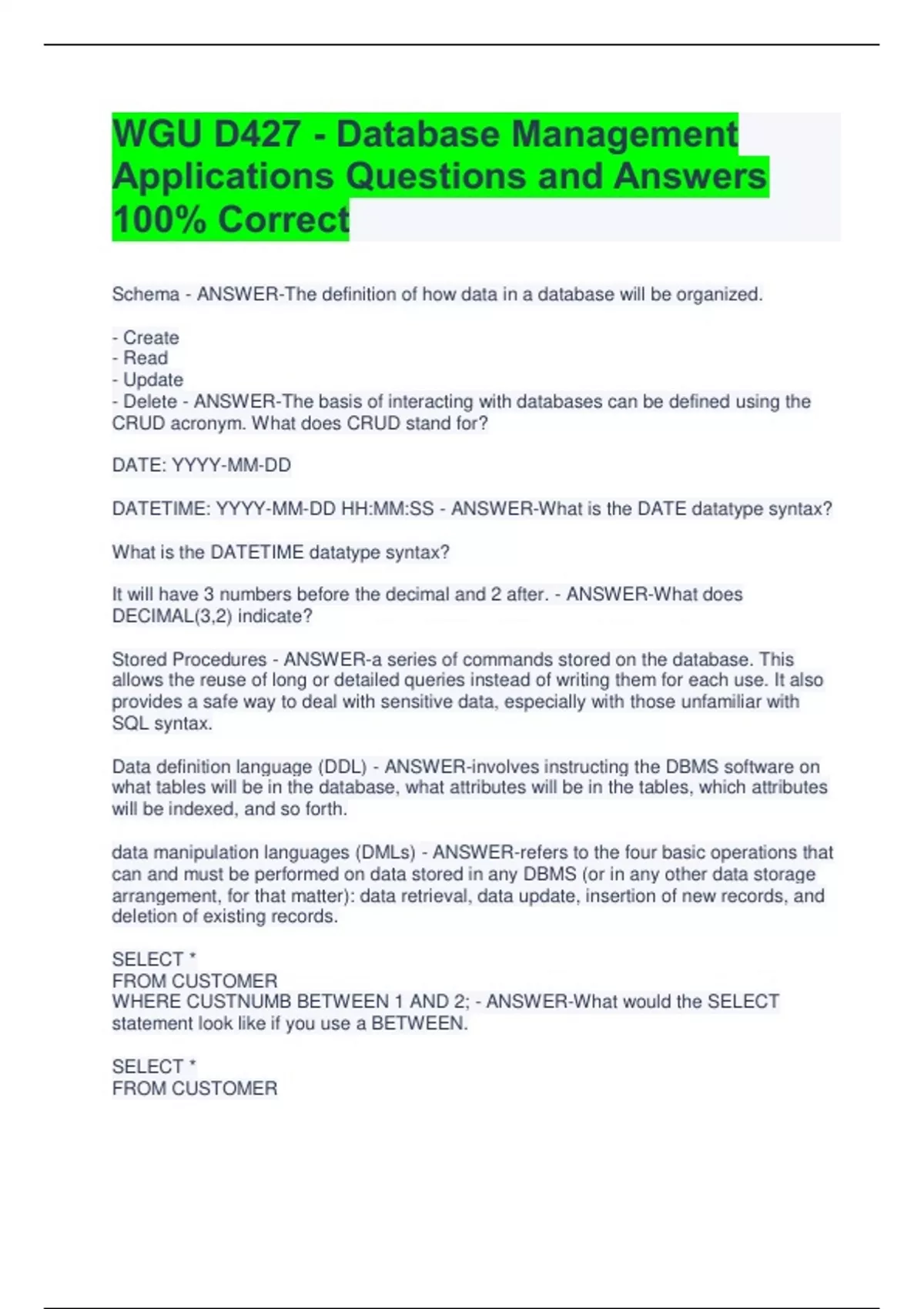 WGU D427 - Database Management Applications Questions and Answers 100% Correct - WGU D427 ...