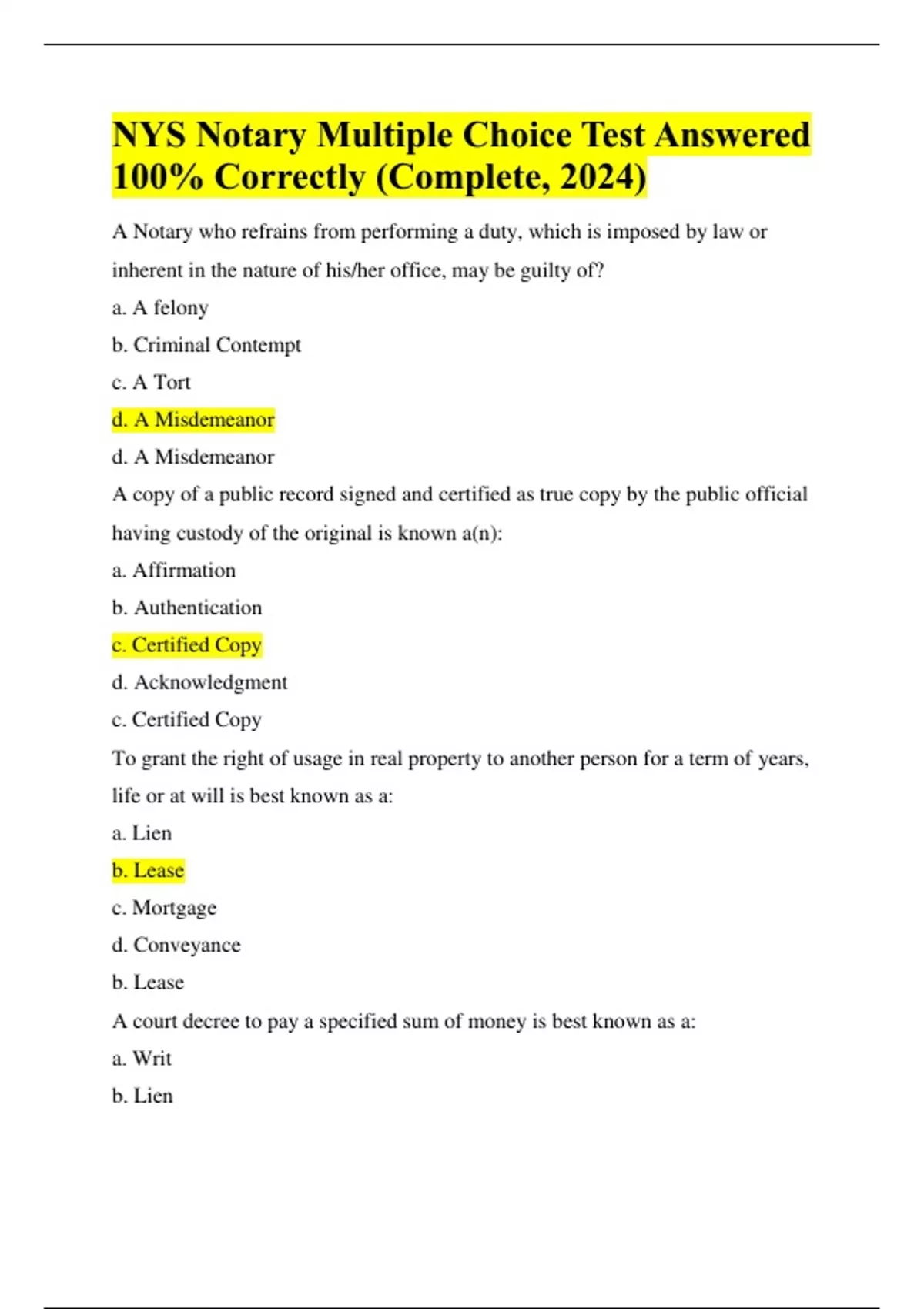 NYS Notary Multiple Choice Test Answered 100% Correctly (Complete, 2024 ...