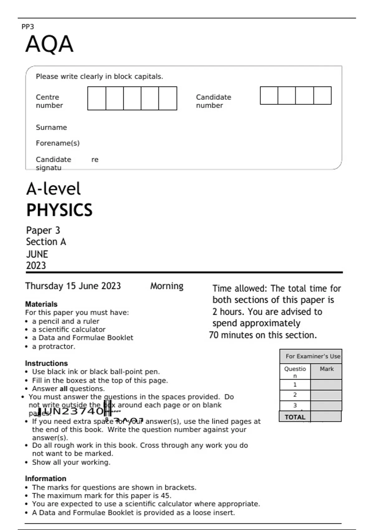 AQA A LEVEL PHYSICS PAPER 3A JUNE 2023 FINAL QUESTION PAPERS AND MARK ...