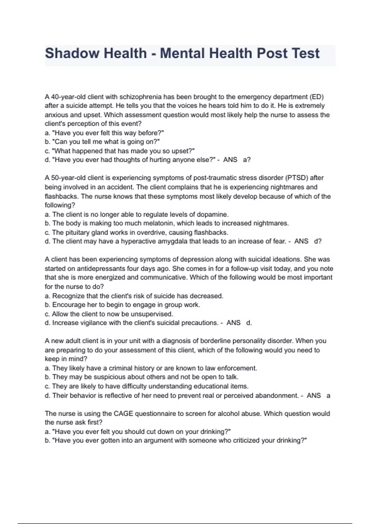 Shadow Health - Mental Health Post Test Questions And Answers - Shadow ...