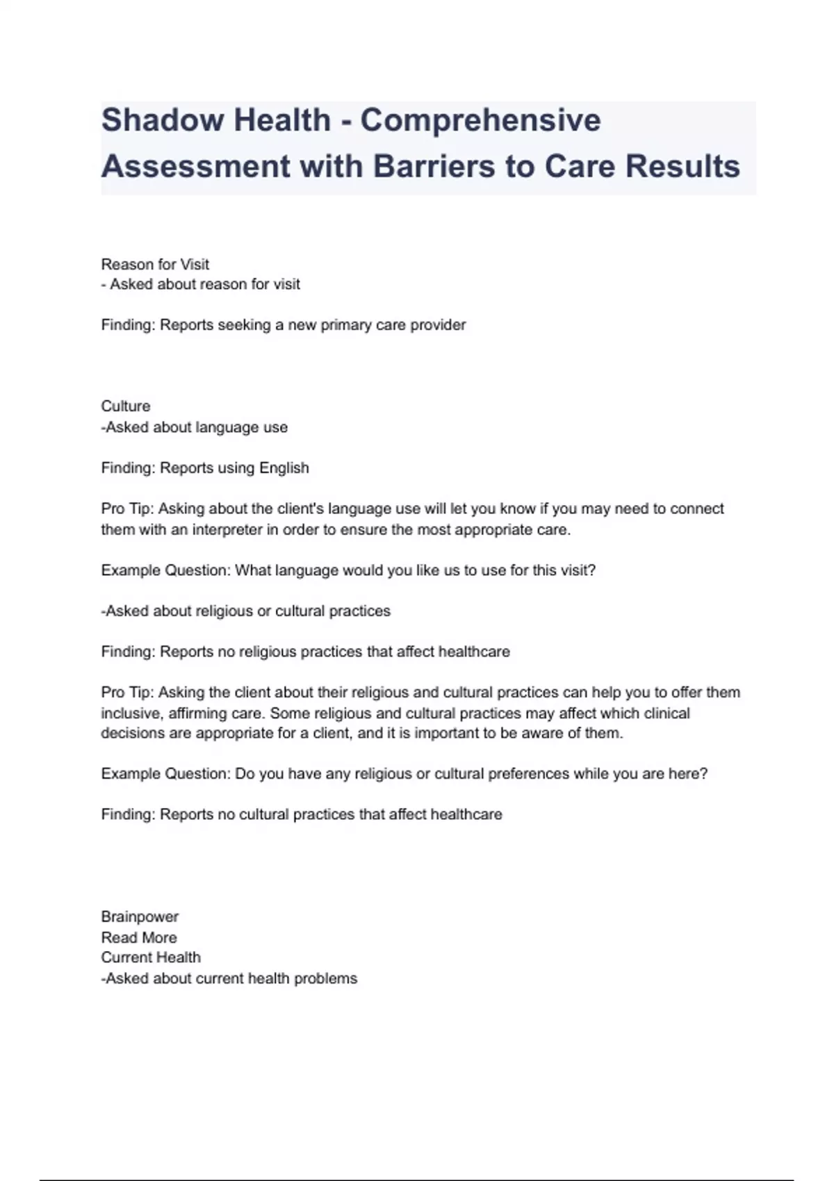 Shadow Health - Comprehensive Assessment with Barriers to Care Results ...