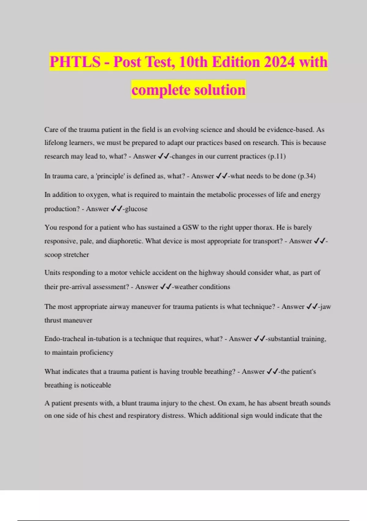 PHTLS - Post Test, 10th Edition 2024 with complete solution ...