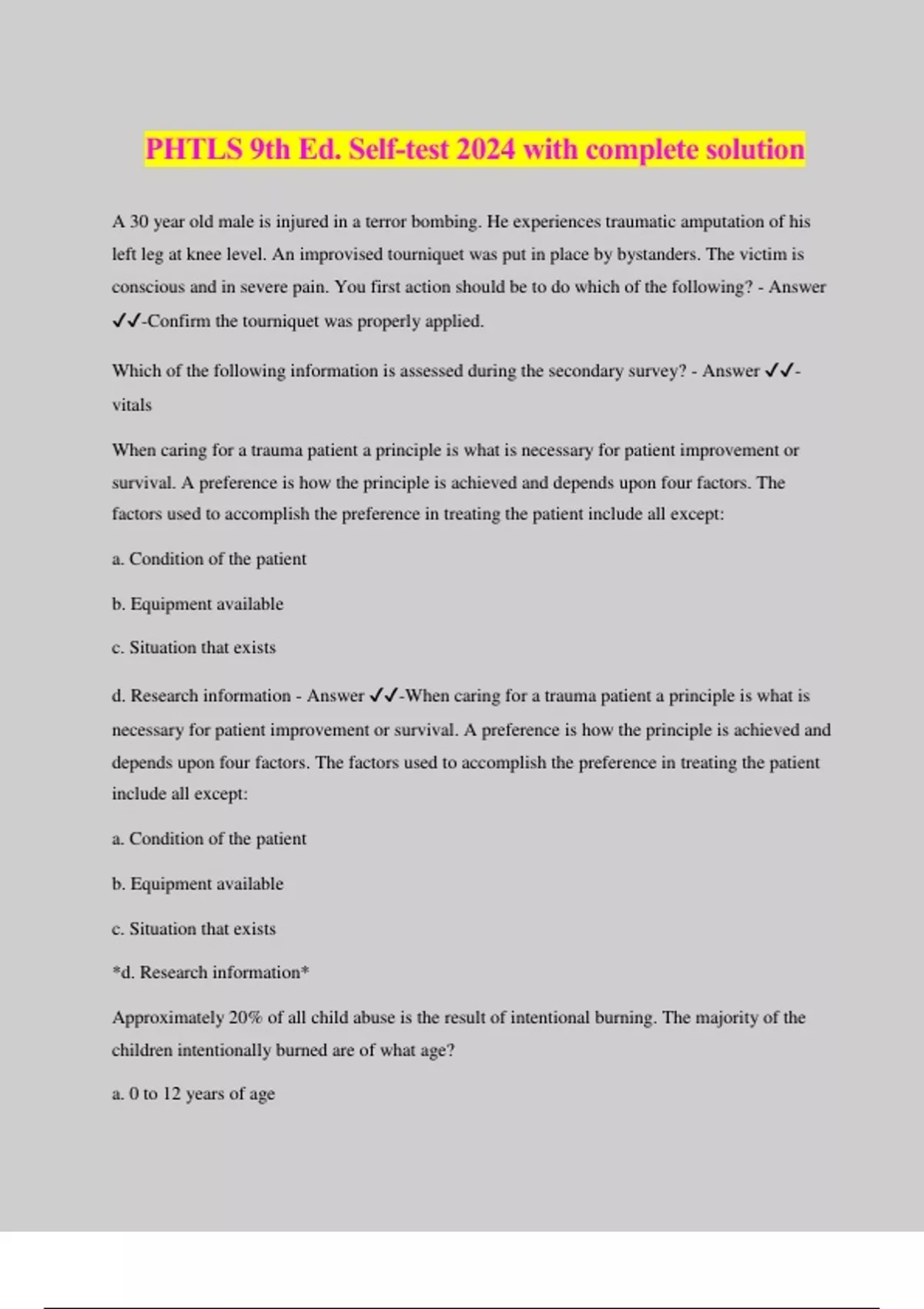 PHTLS 9th Ed. Self-test 2024 with complete solution - Prehospital ...