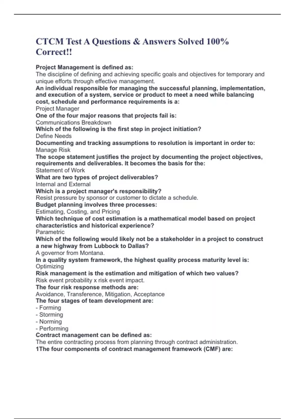 CTCM Test A Questions & Answers Solved 100% Correct!! - CTCM - Stuvia US