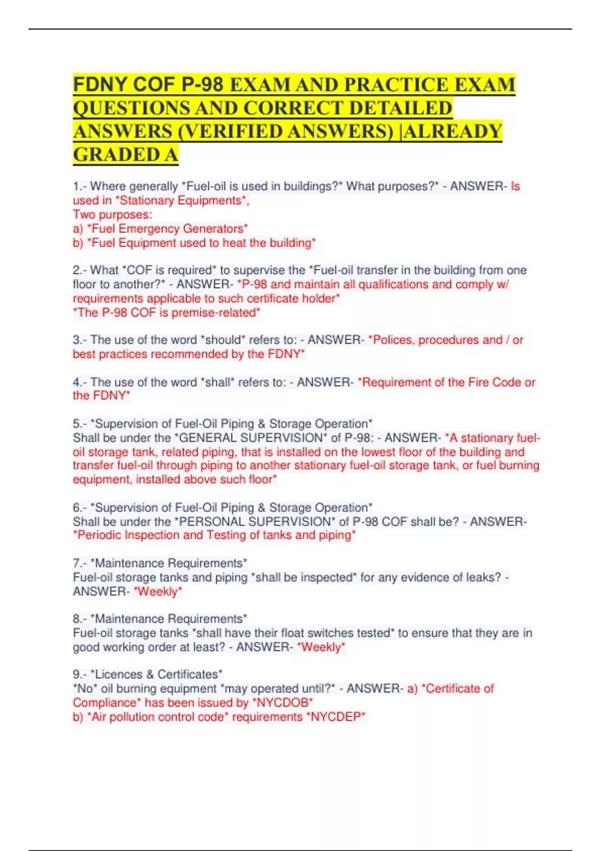 FDNY COF P-98 EXAM AND PRACTICE EXAM ACTUAL EXAM 275 QUESTIONS AND ...