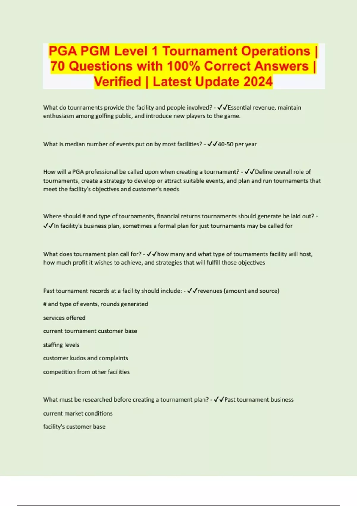 PGA PGM Level 1 Tournament Operations | 70 Questions with 100% Correct ...