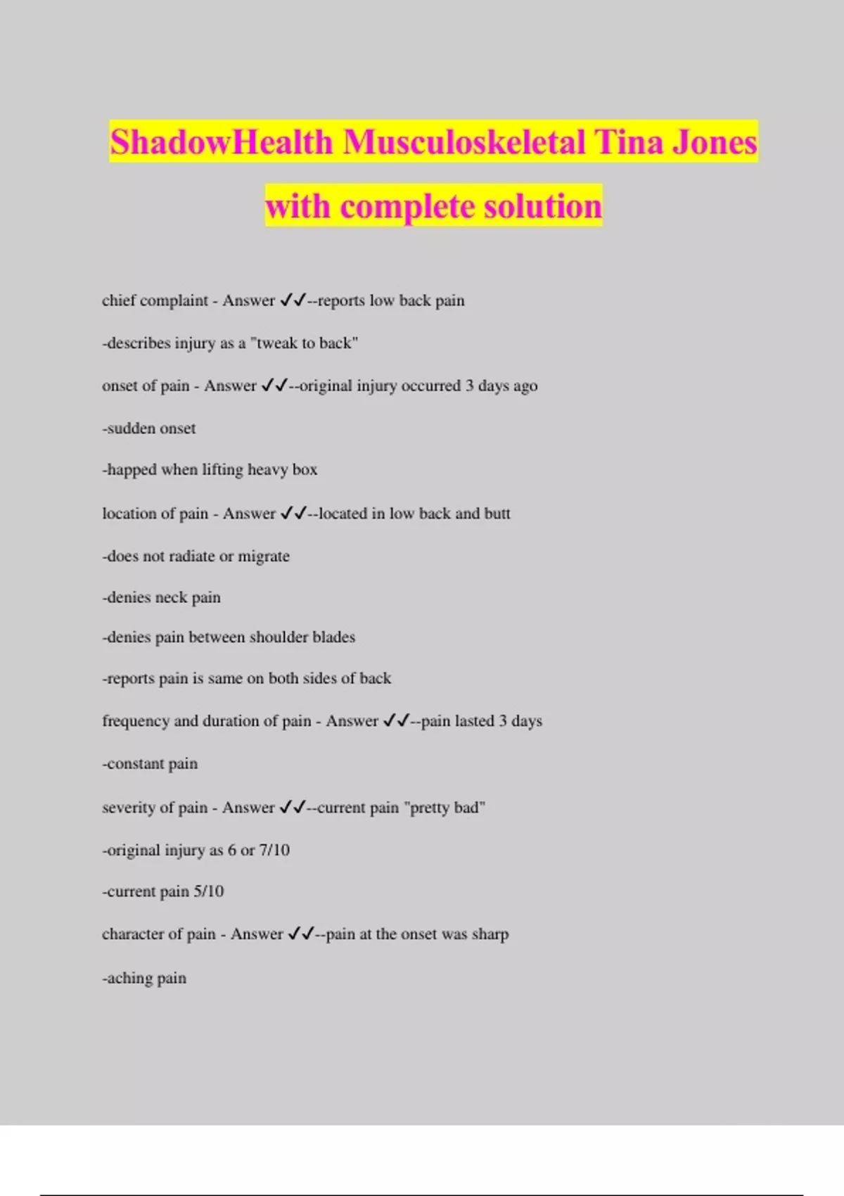 ShadowHealth Musculoskeletal Tina Jones with complete solution - Shadow ...
