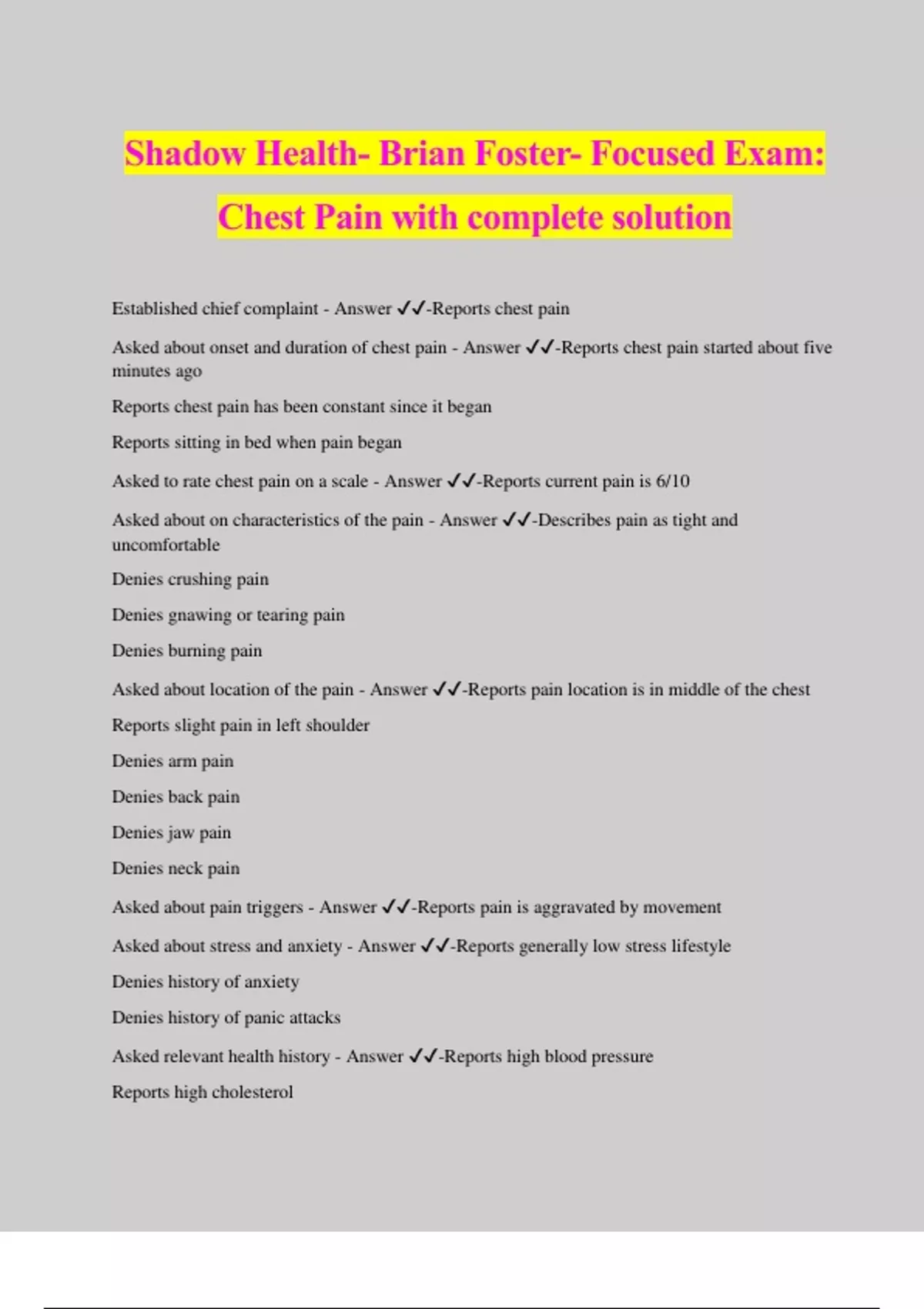 Shadow Health- Brian Foster- Focused Exam: Chest Pain with complete ...