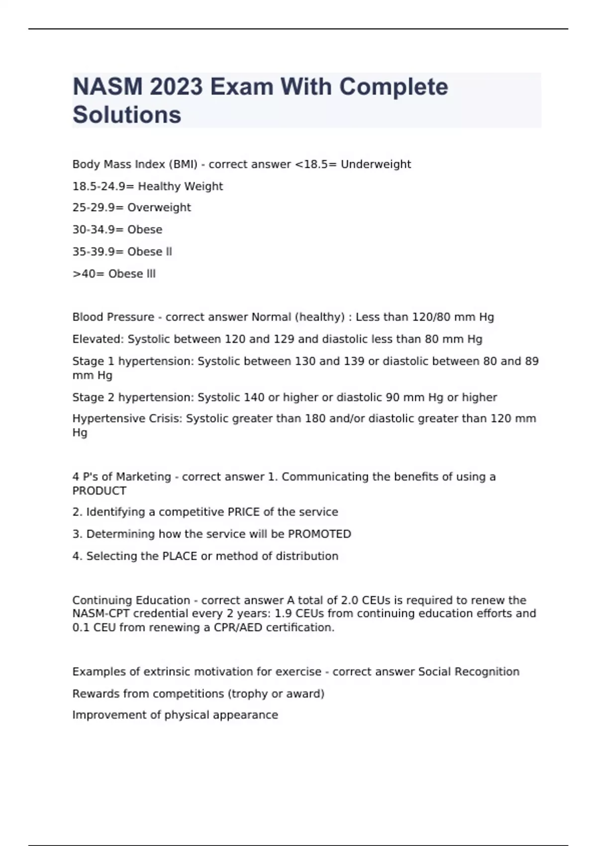 NASM 2023 Exam With Complete Solutions - NASM - Stuvia US