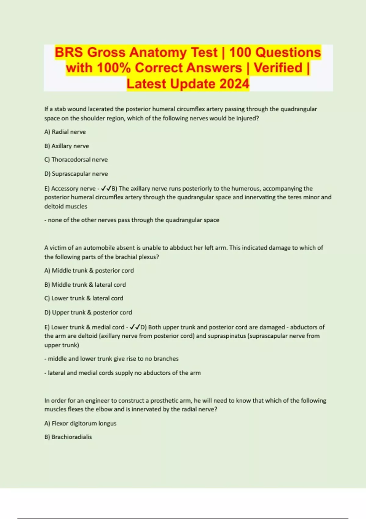 BRS Gross Anatomy Test | 100 Questions with 100% Correct Answers ...