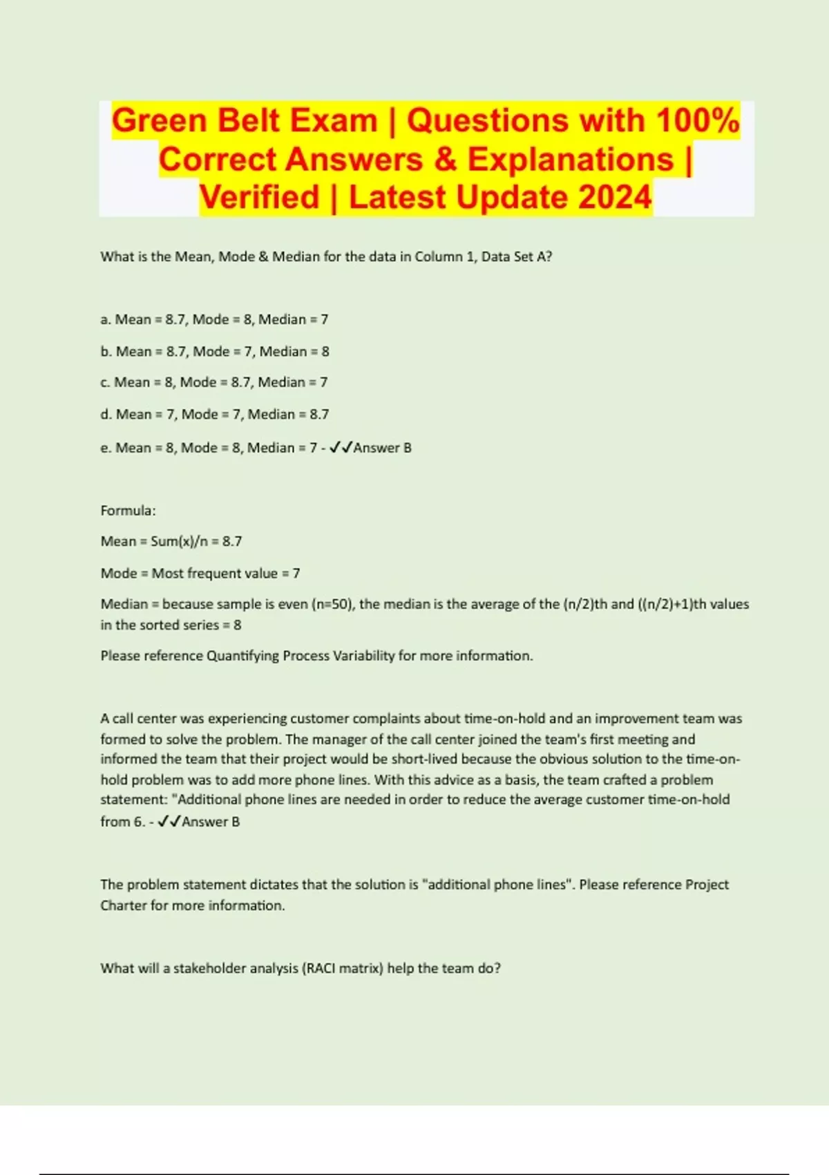 Green Belt Exam | Questions with 100% Correct Answers & Explanations ...