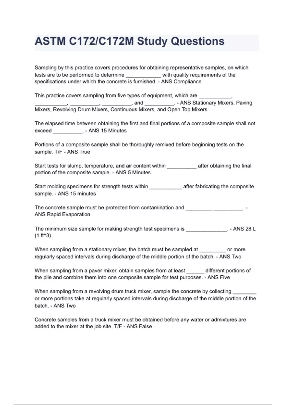 ASTM C172/C172M Study 2024 Questions With Verified Solutions. - Field ...
