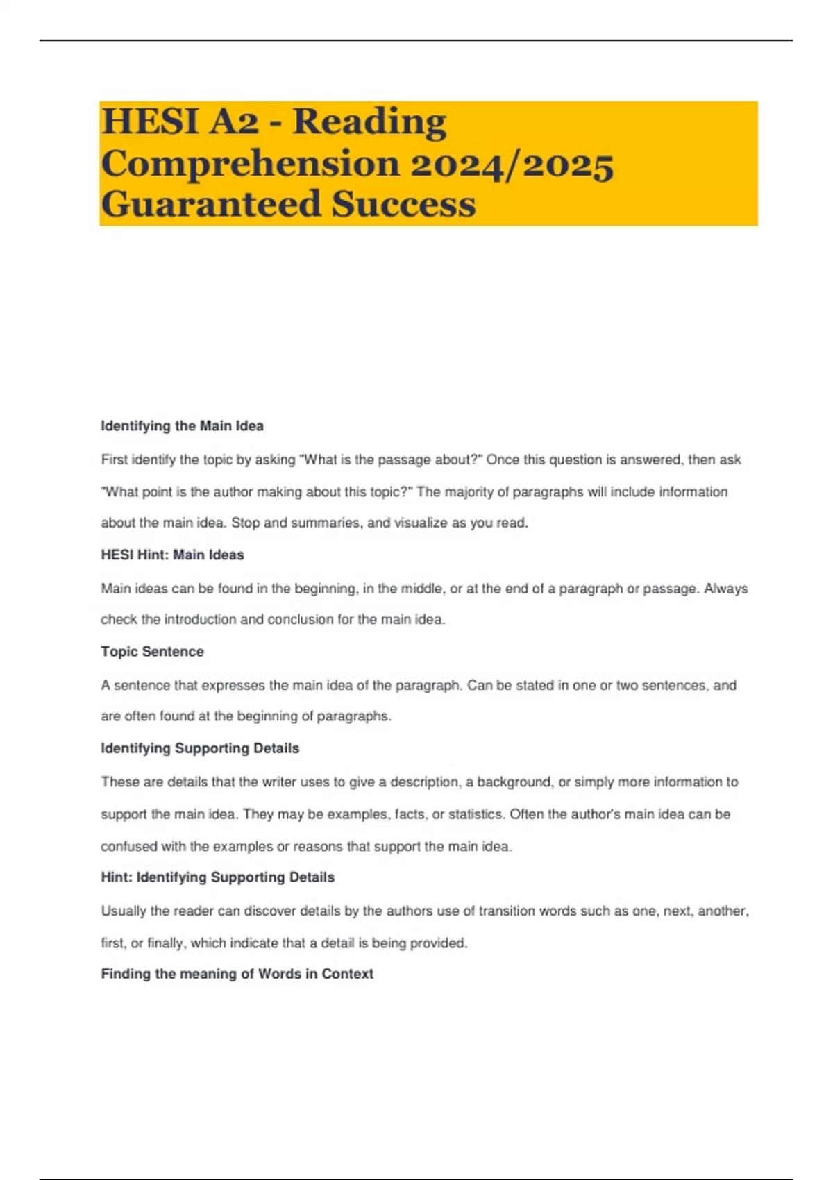 HESI A2 - Reading Comprehension 2024/2025 Guaranteed Success - Hesi A2 ...