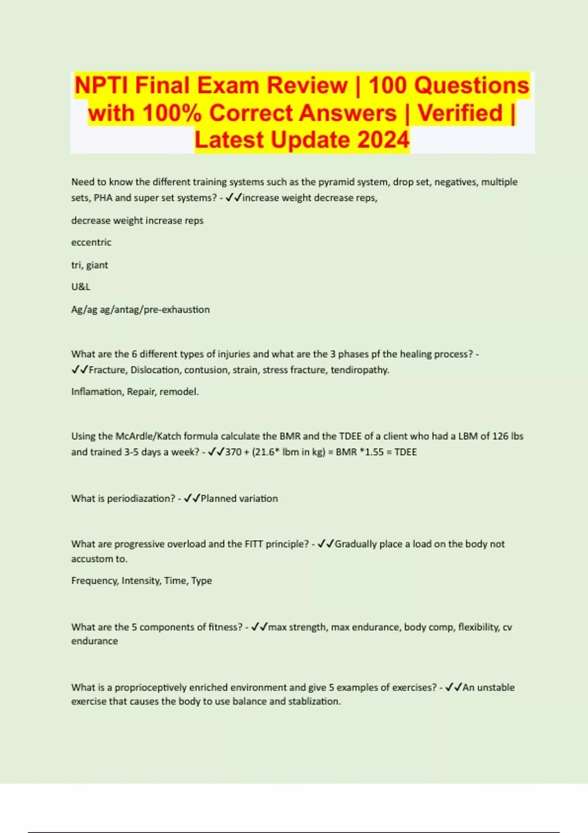 NPTI Final Exam Review | 100 Questions with 100% Correct Answers ...