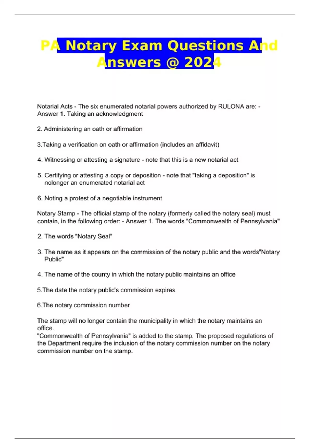 PA Notary Exam Questions And Answers @ 2024 - PA NOTARY - Stuvia US