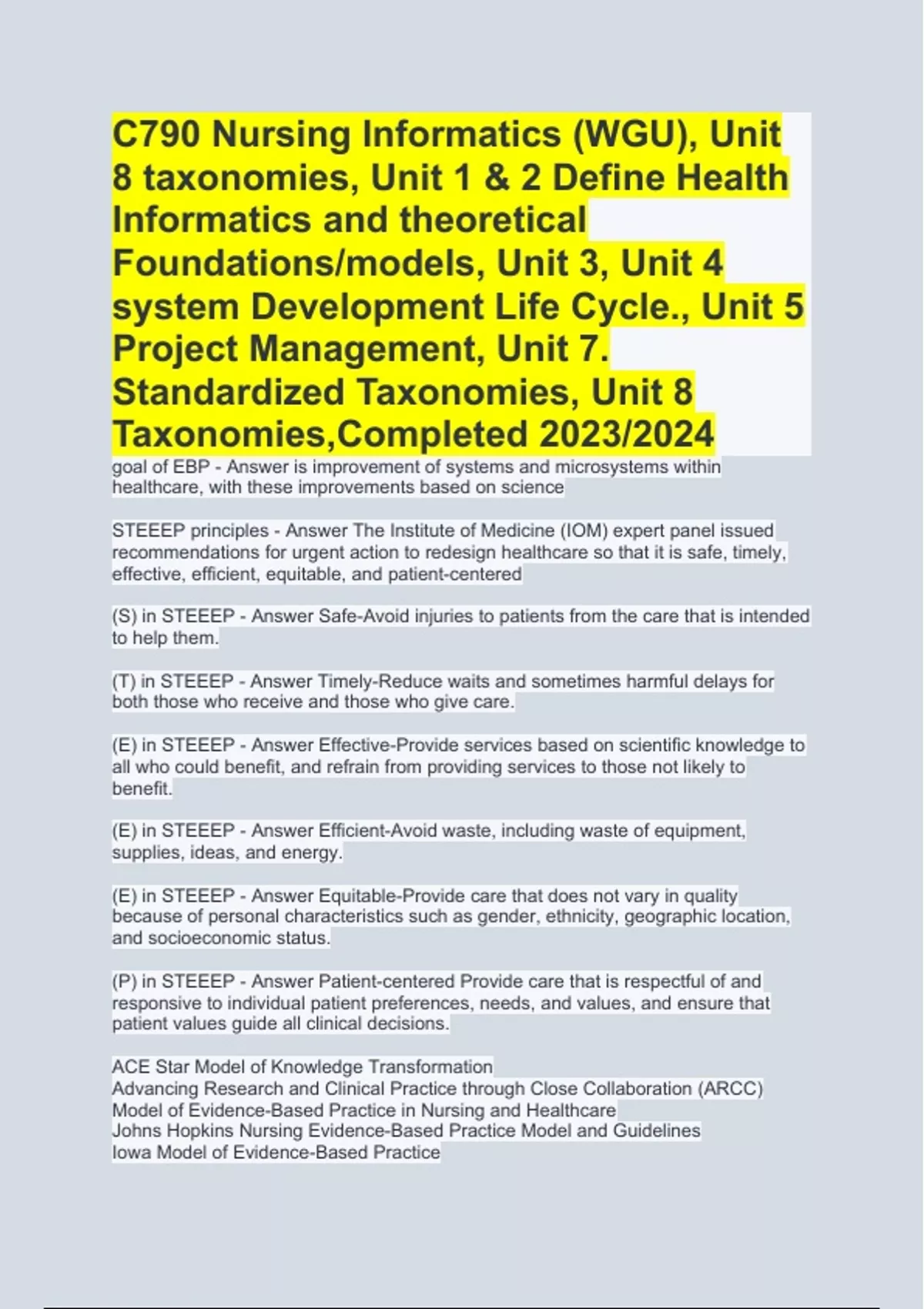 C790 Nursing Informatics (WGU), Unit 8 taxonomies, Unit 1 & 2 Define ...